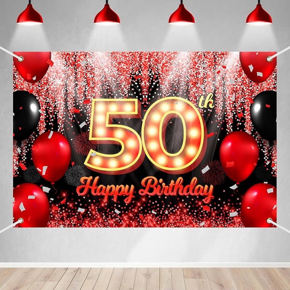 Happy 50th Birthday Backdrop Banner Black and Red Theme Background with ...
