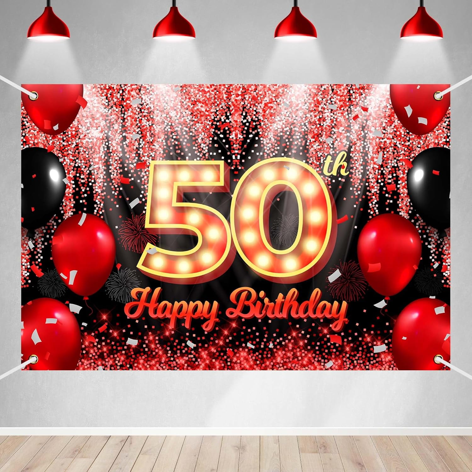 Happy 50th Birthday Backdrop Banner Black and Red Theme Background with ...