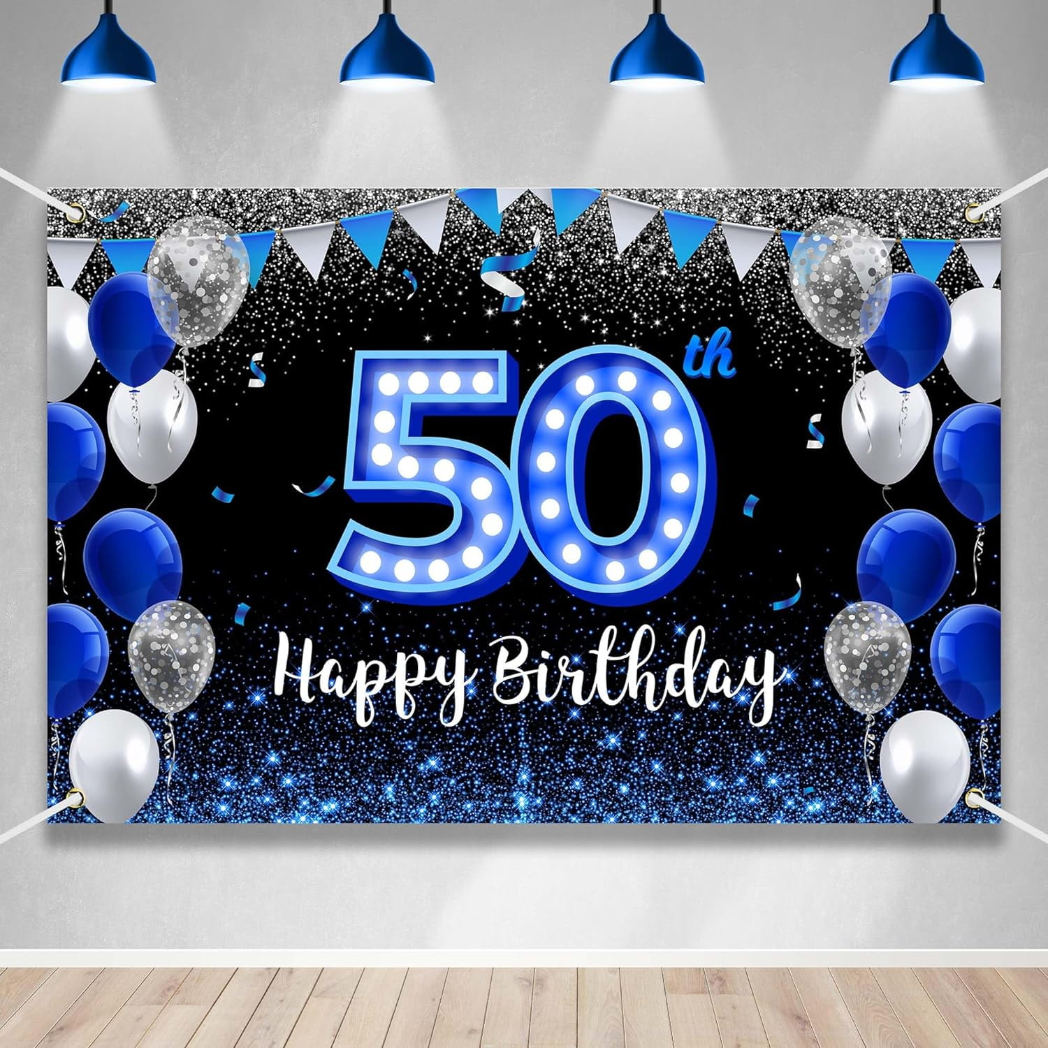Happy 50th Birthday Backdrop Banner Blue Black Theme Background with ...