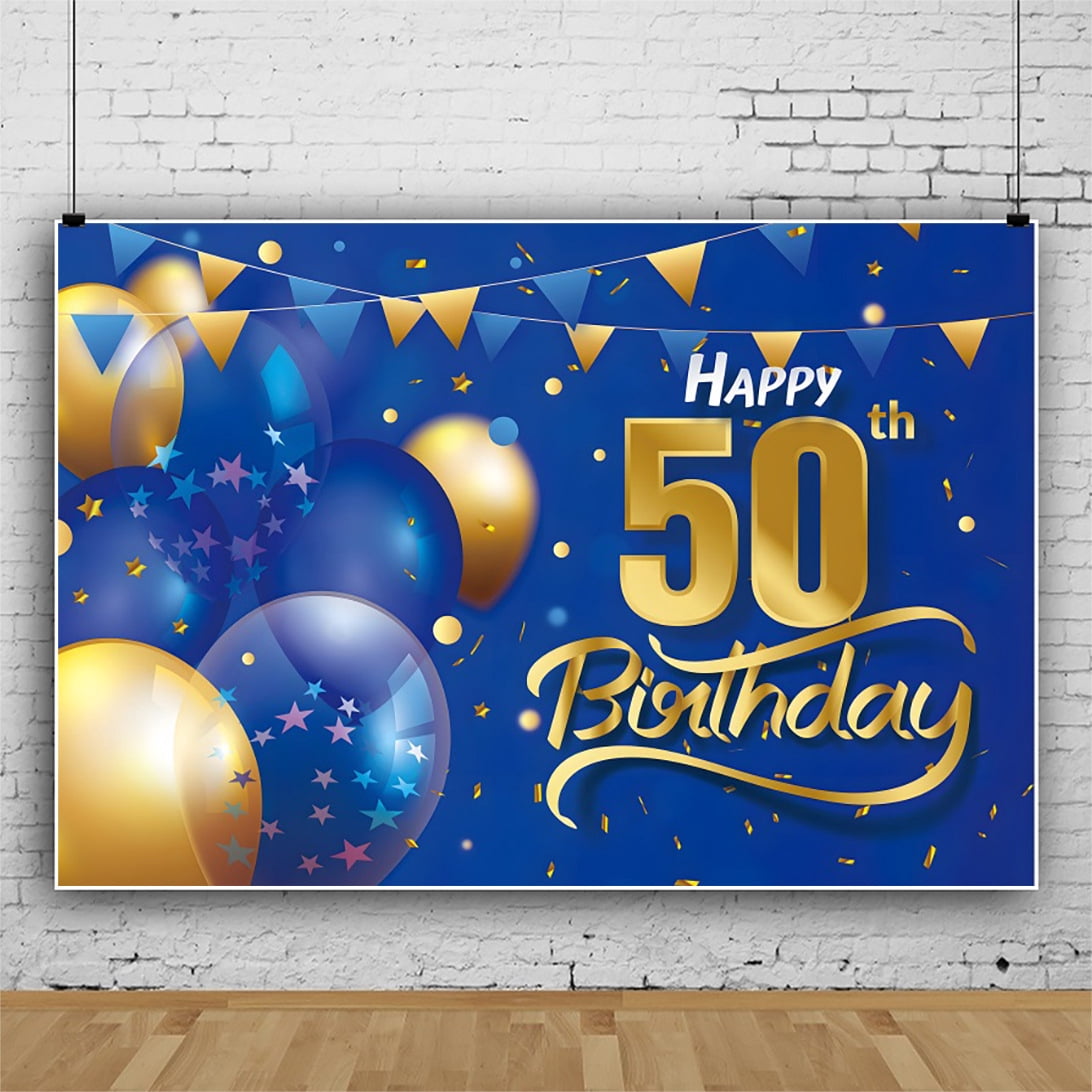 Happy 50th Birthday Backdrop Blue Gold Balloon Flag Photography ...