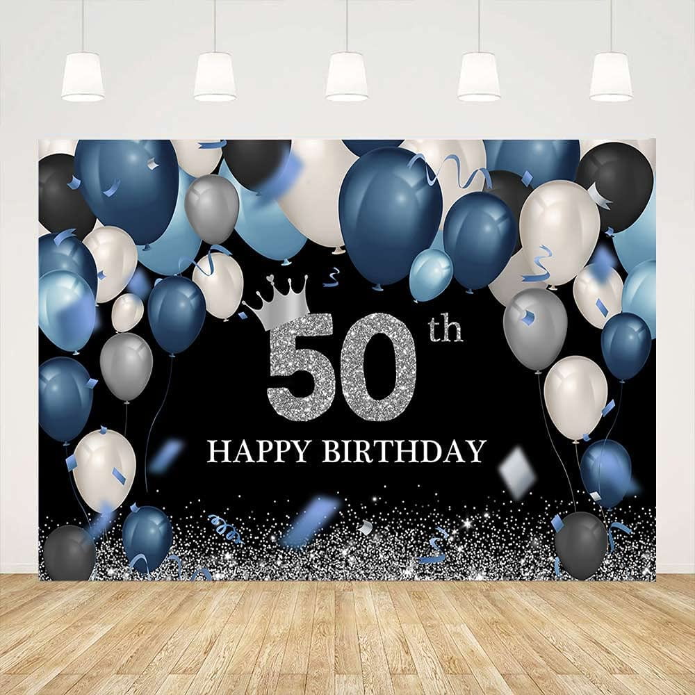 Happy 50th Birthday Backdrop Blue and Silver 50 Birthday Background ...