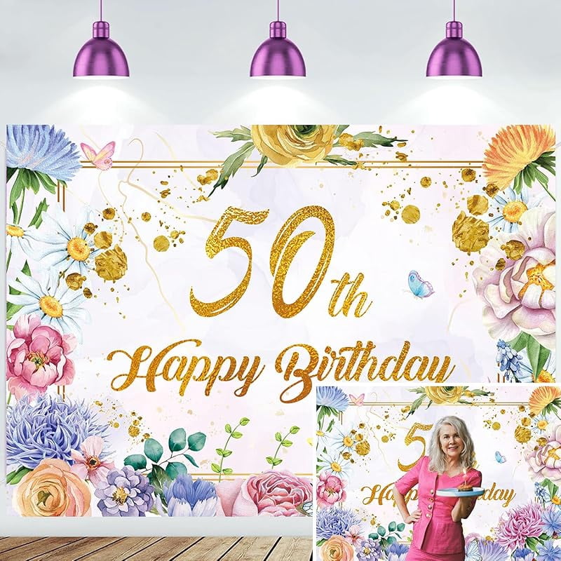 Happy 50th Birthday Backdrop Flower Bush Garden Birthday Photography ...