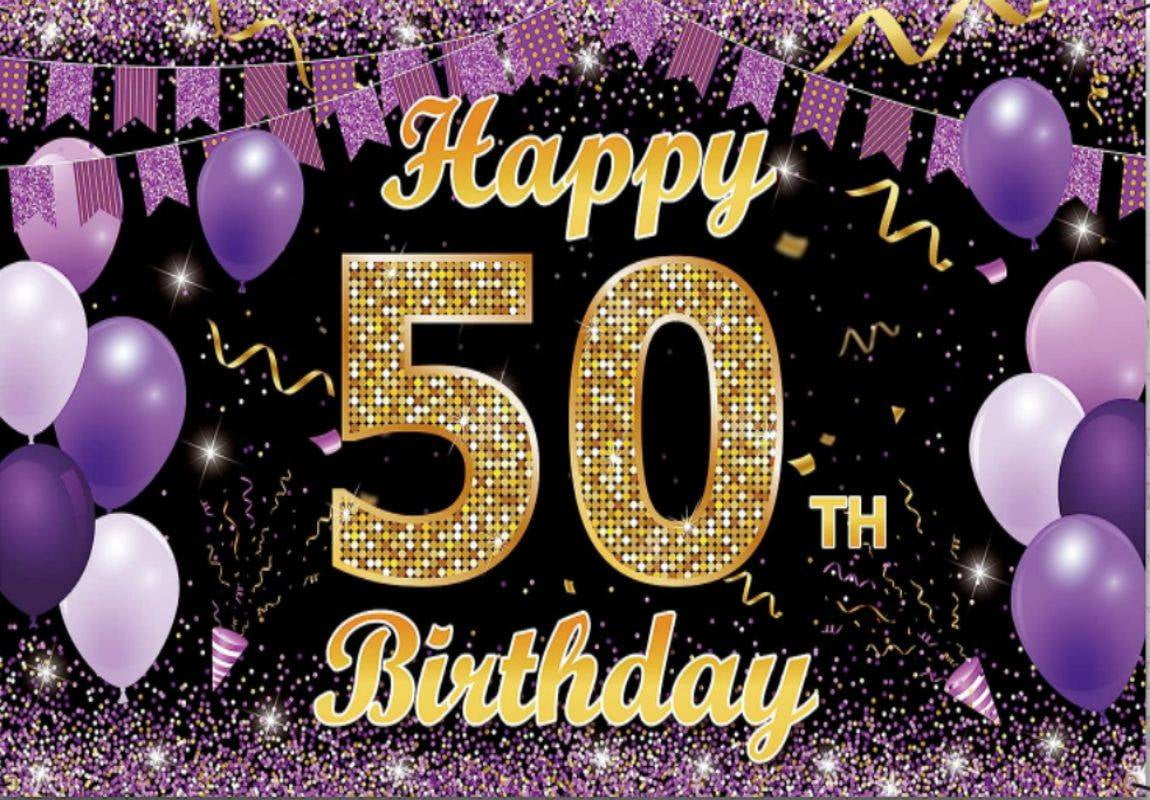 Happy 50th Birthday Backdrop Glitter Black Gold Balloons Champagne ...