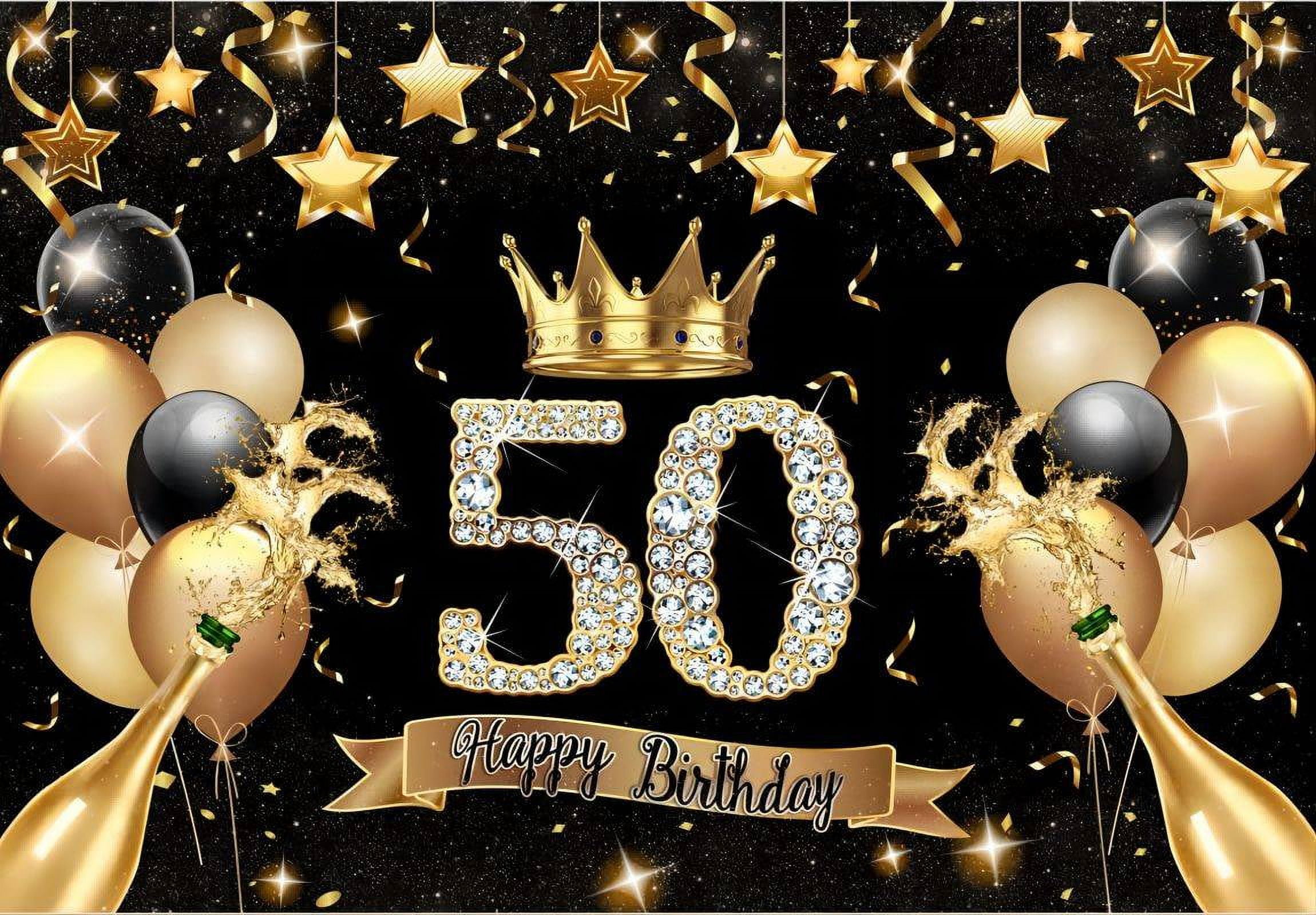 Happy 50th Birthday Backdrop Glitter Black Gold Balloons Champagne ...