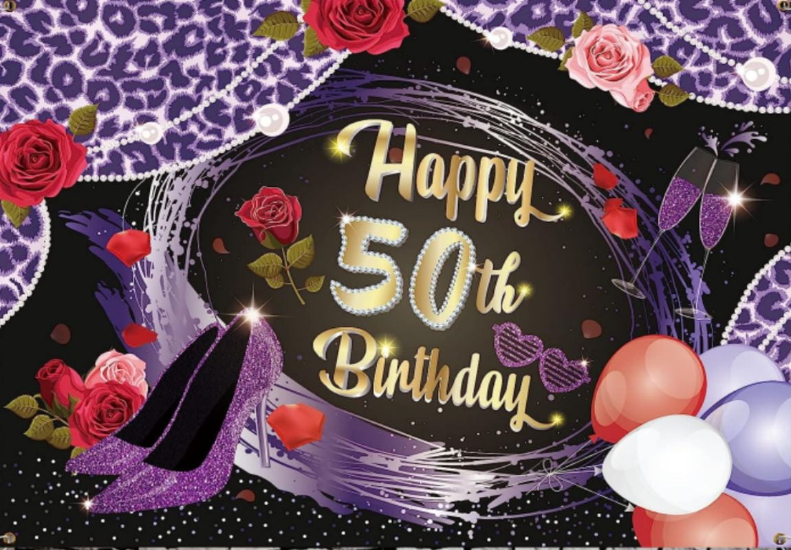 Happy 50th Birthday Backdrop Women Purple Balloons Gold Crown Sparkly ...