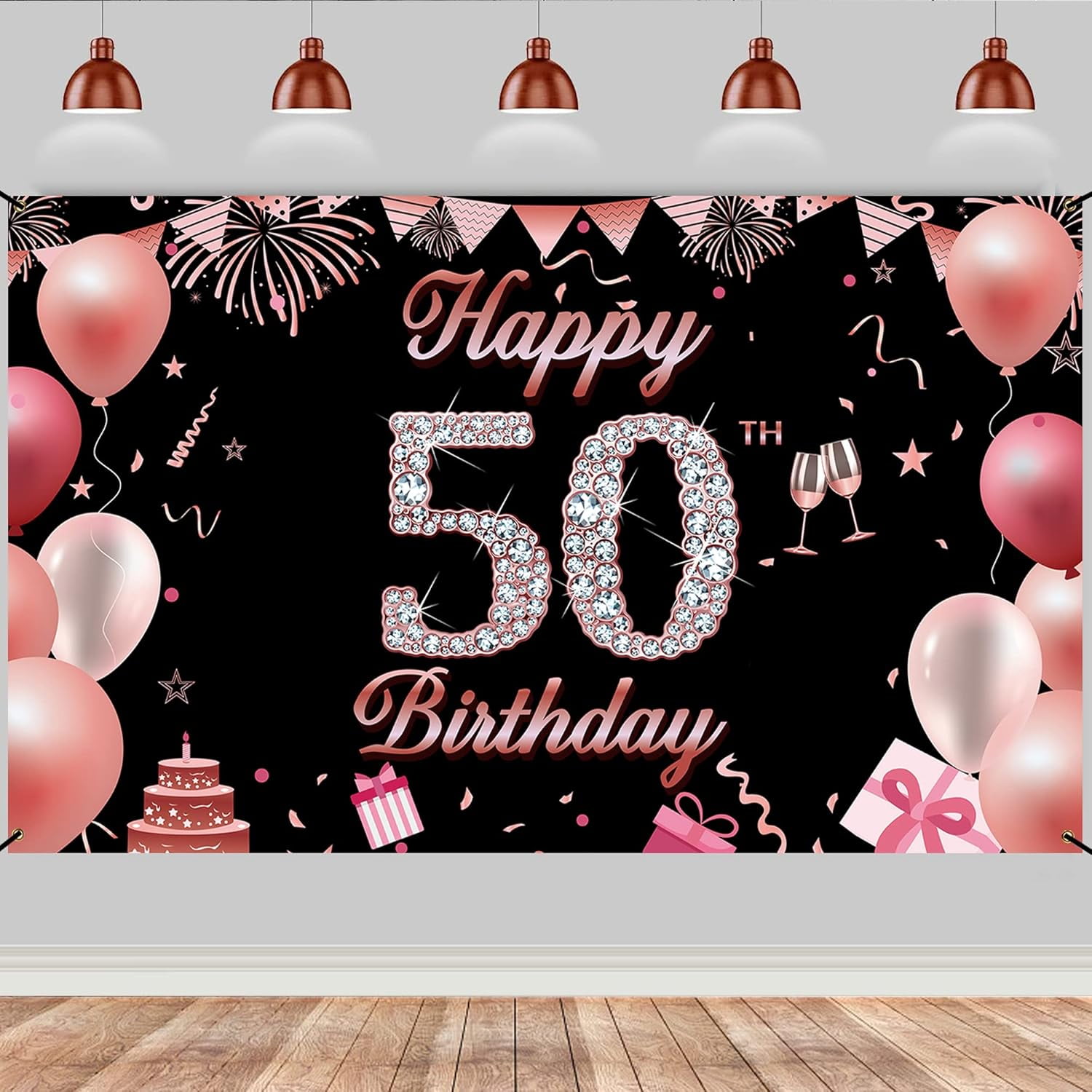 Happy 50th Birthday Banner Black and Rose Gold 50th Birthday Party ...