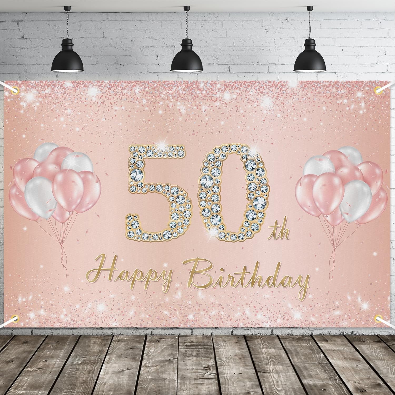 Happy 50th Birthday Banner, Pink Rose Gold Happy 50th Birthday Party ...