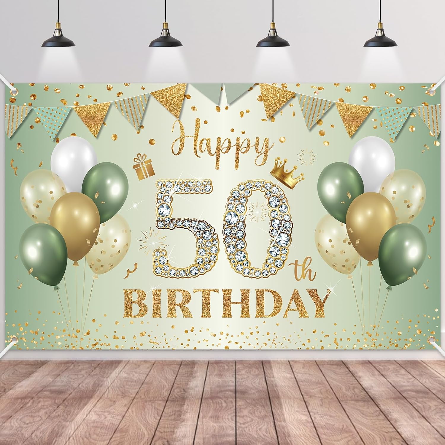 Happy 50th Birthday Banner Sage Green Gold, 50th Birthday Backdrop for ...