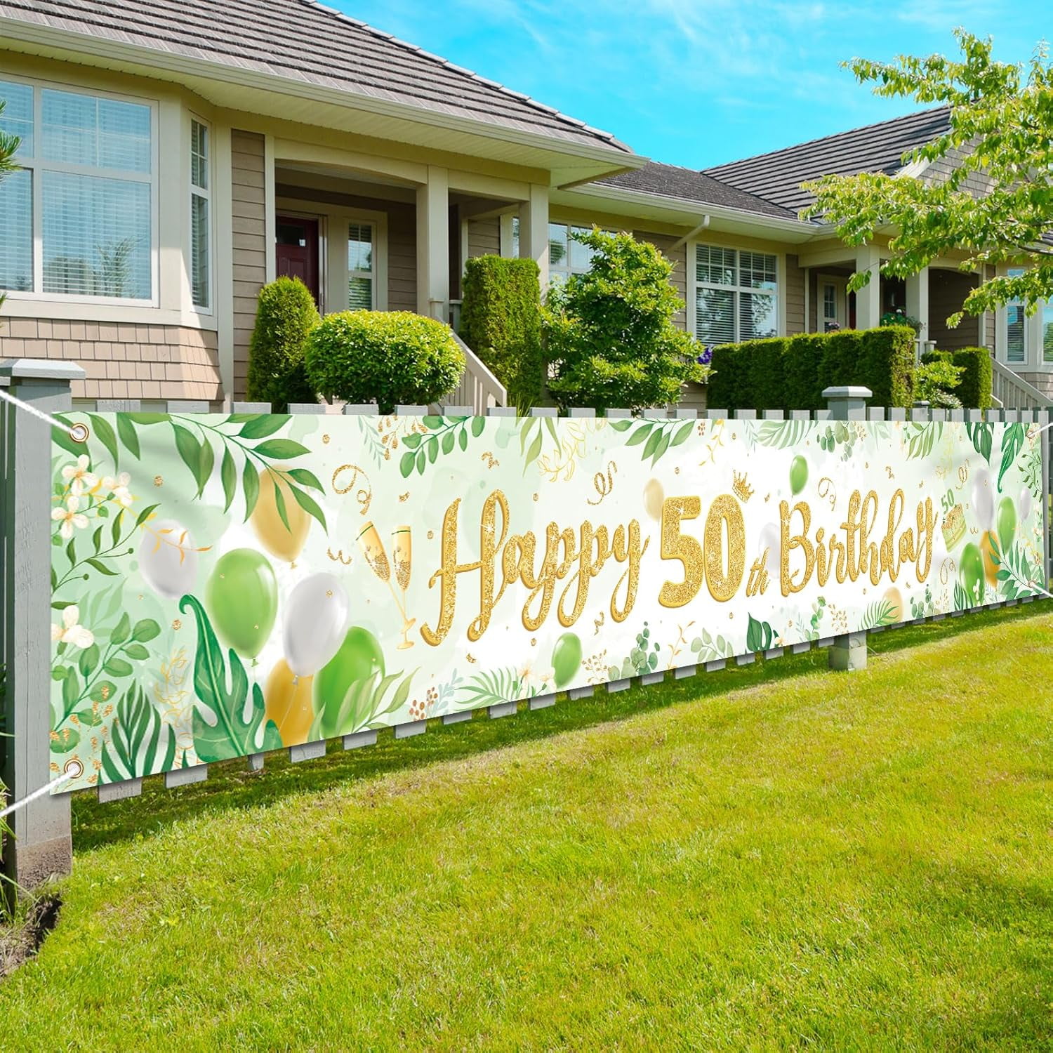 Happy 50th Birthday Banner,Sage Green Gold Happy 50th Yard Sign Banner ...