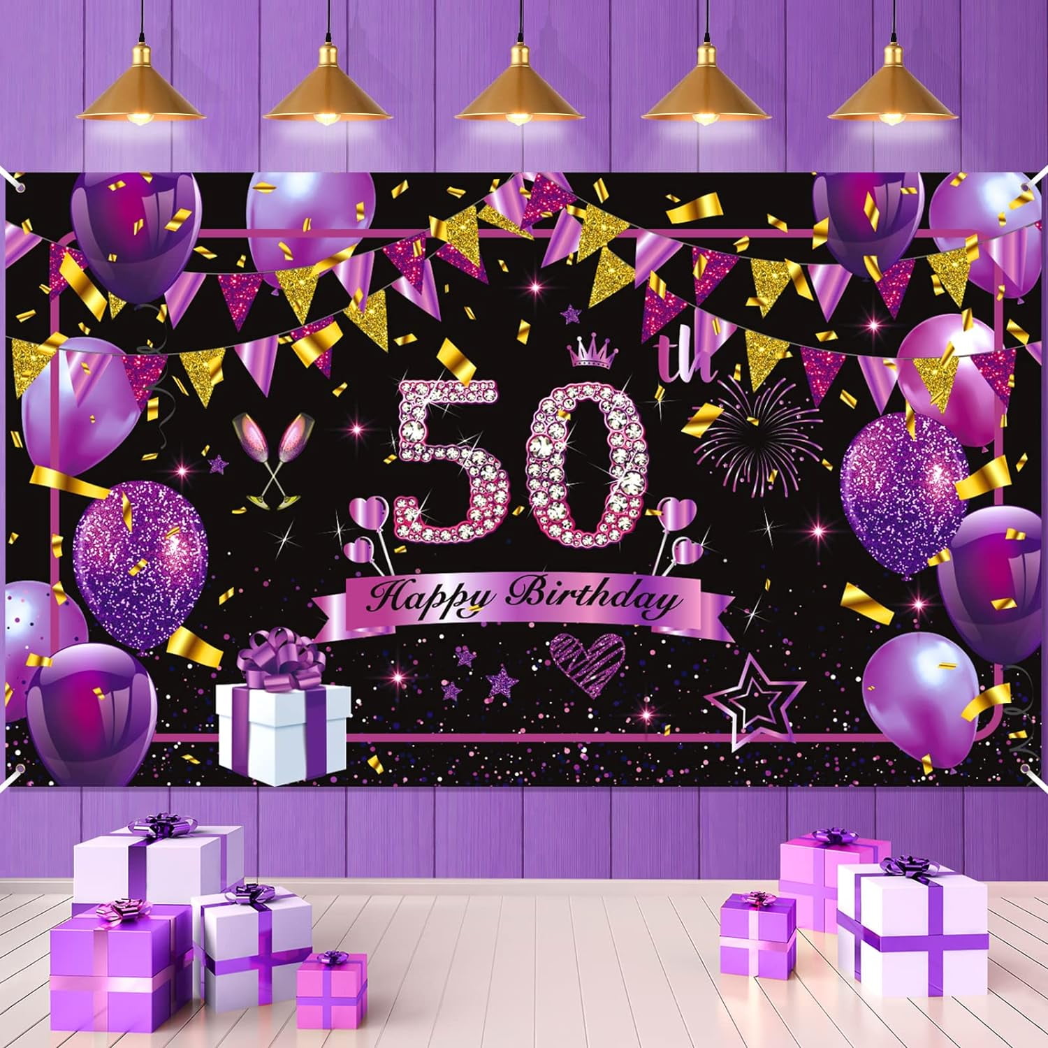 Happy 50th Birthday Banner for Women Purple 50th Birthday Decorations ...