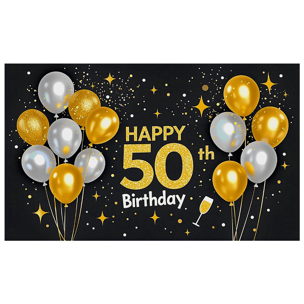 Happy 50th Birthday Banner with Golden Silver Balloons Stars Backdrop ...