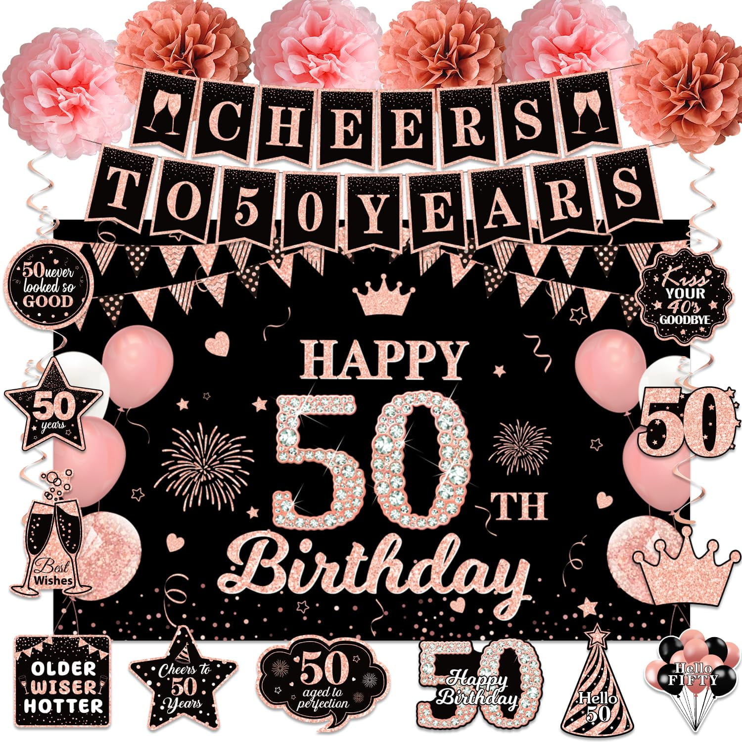 Happy 50th Birthday Decorations DHF10 for Women, Rose Gold Cheers to 50 ...