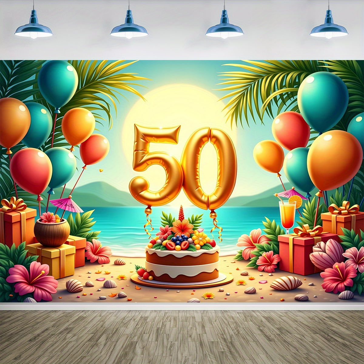 Happy 50th Birthday Party Backdrop Banner Tropical Beach Cake Happy ...