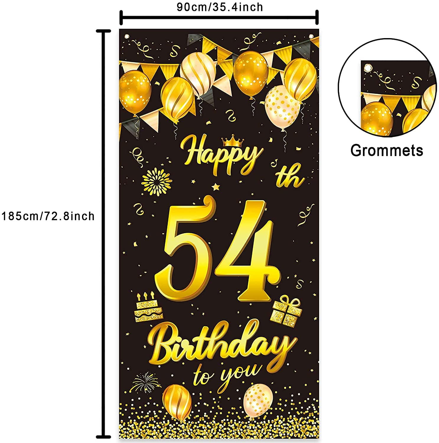 Happy 54Th Birthday To You Door Banner Backdrop Black Gold Sign Theme ...