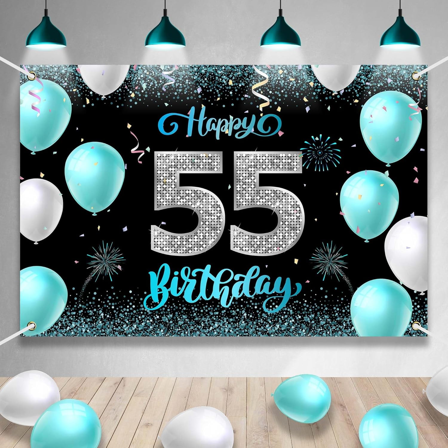 Happy 55th Birthday Backdrop Banner Black and Light Blue Balloon ...