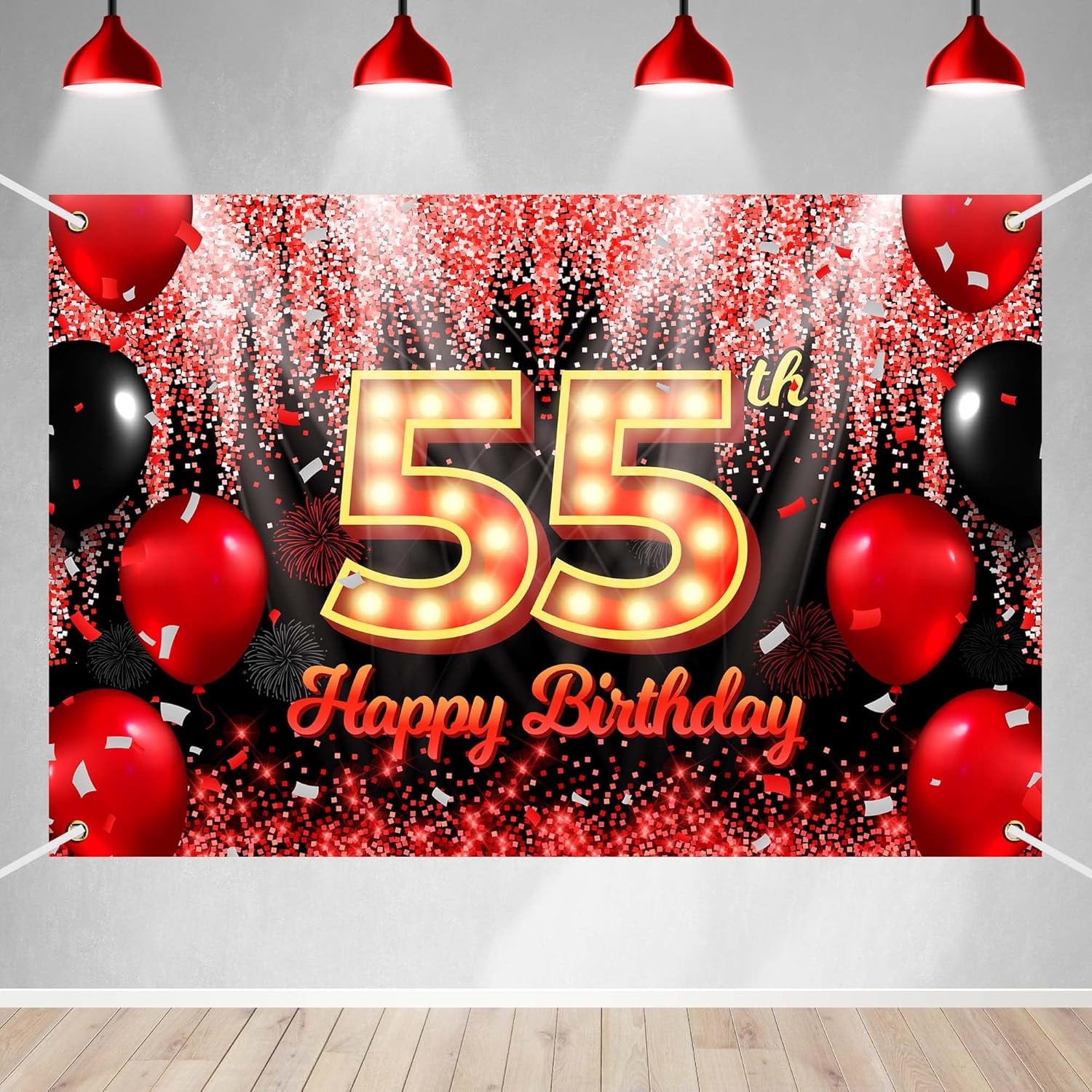 Happy 55th Birthday Backdrop Banner Black and Red Theme Background with ...