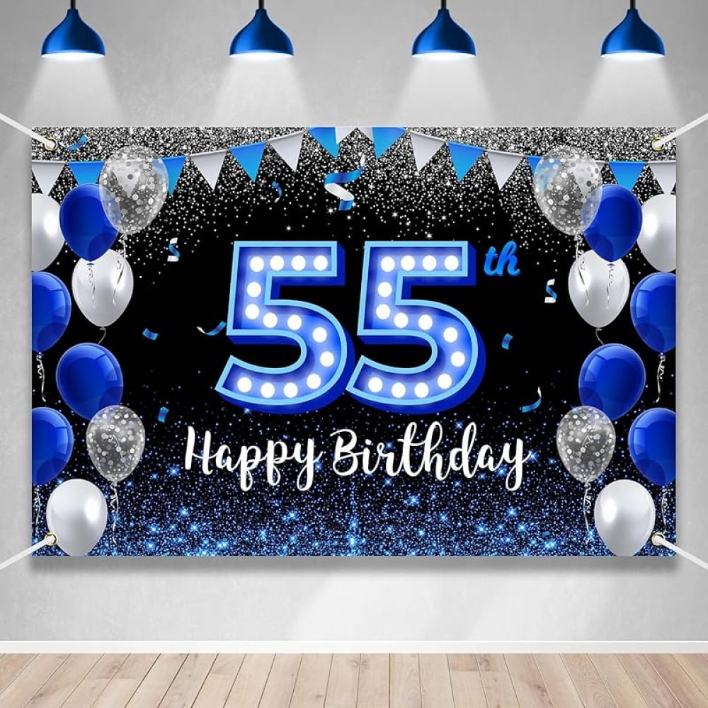 Happy 55th Birthday Backdrop Banner Blue Black Theme Background with ...