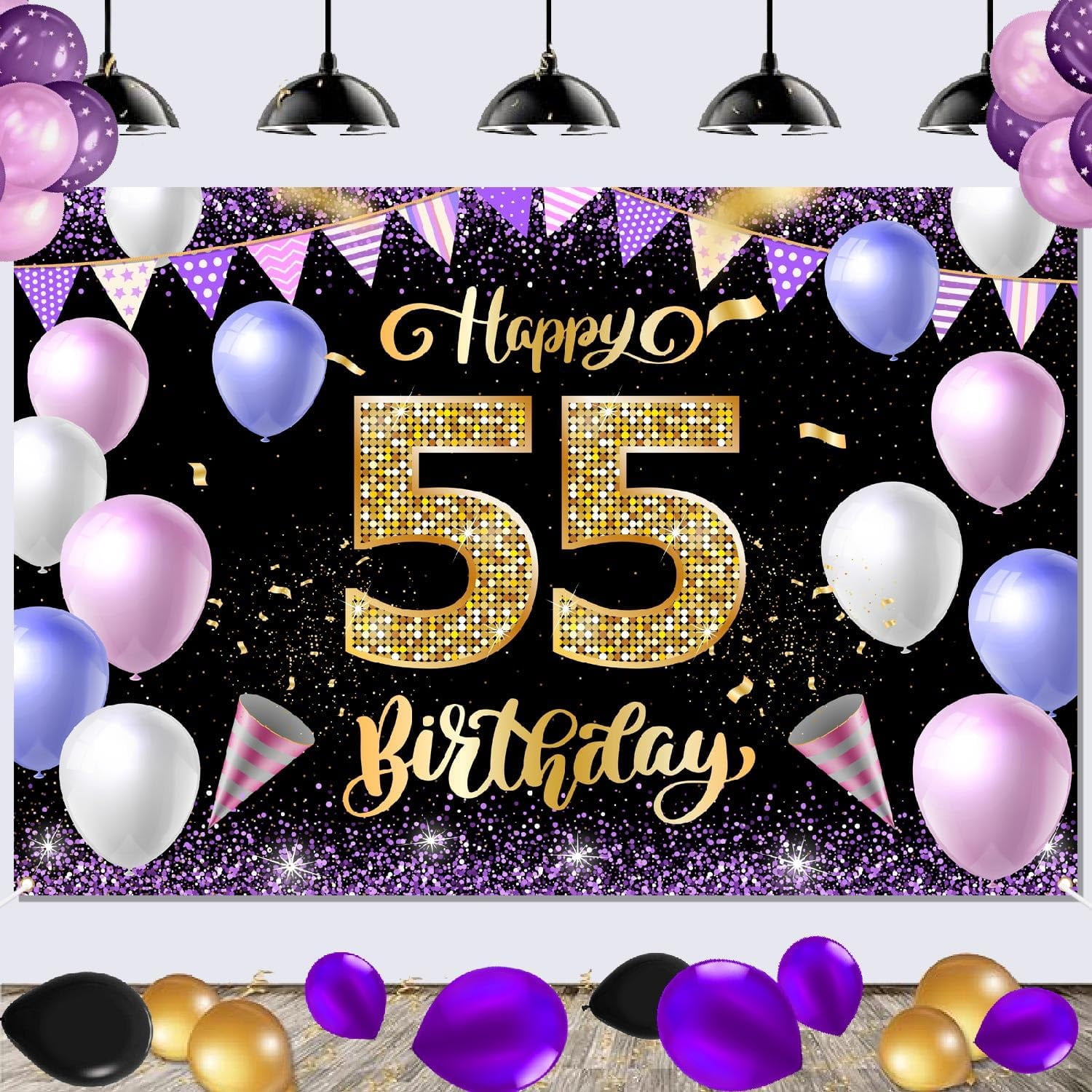 Happy 55th Birthday Banner Backdrop Black Gold Theme Shiny Purple Gold ...