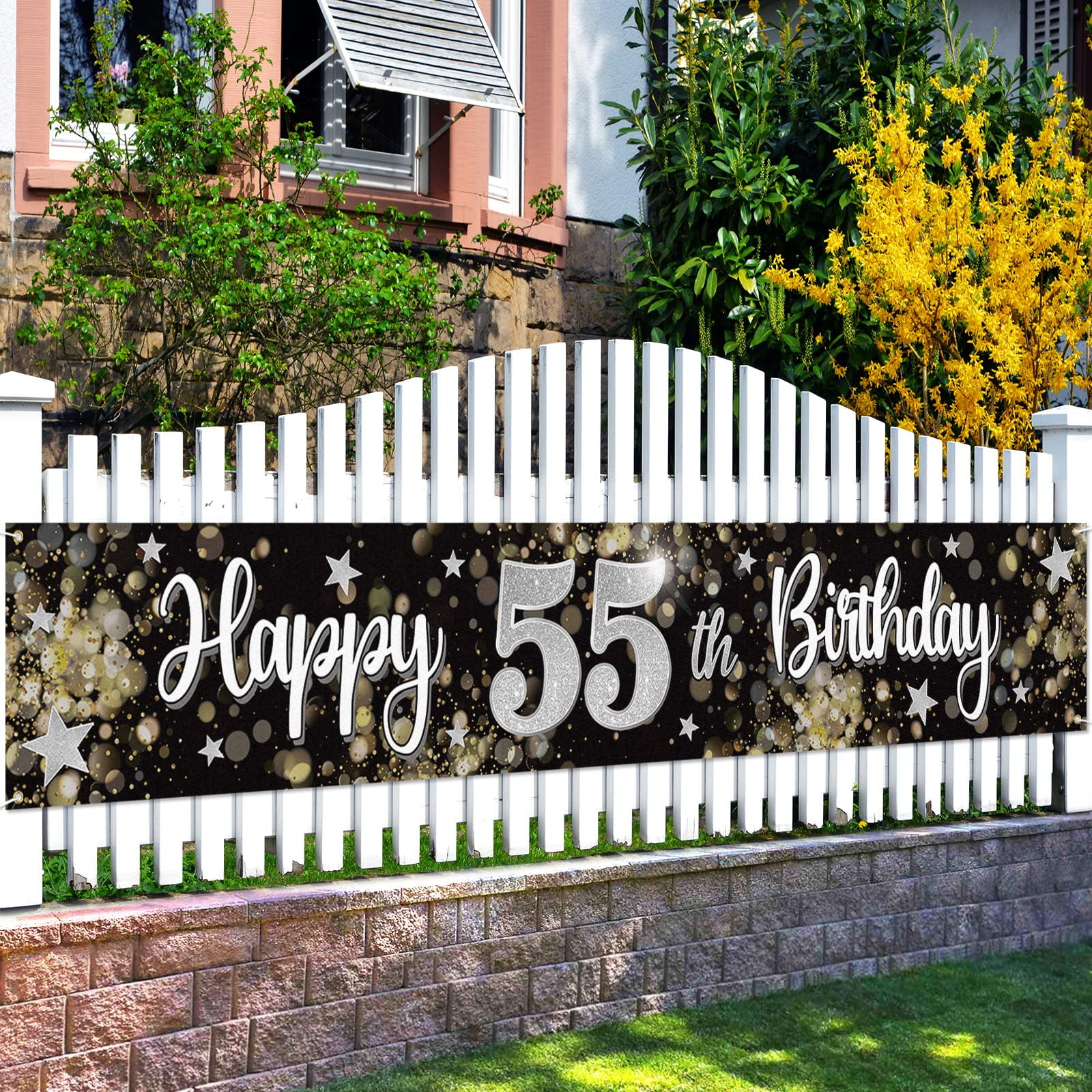 Happy 55th Birthday Decoration Banner Black Gold Balloons Pattern ...