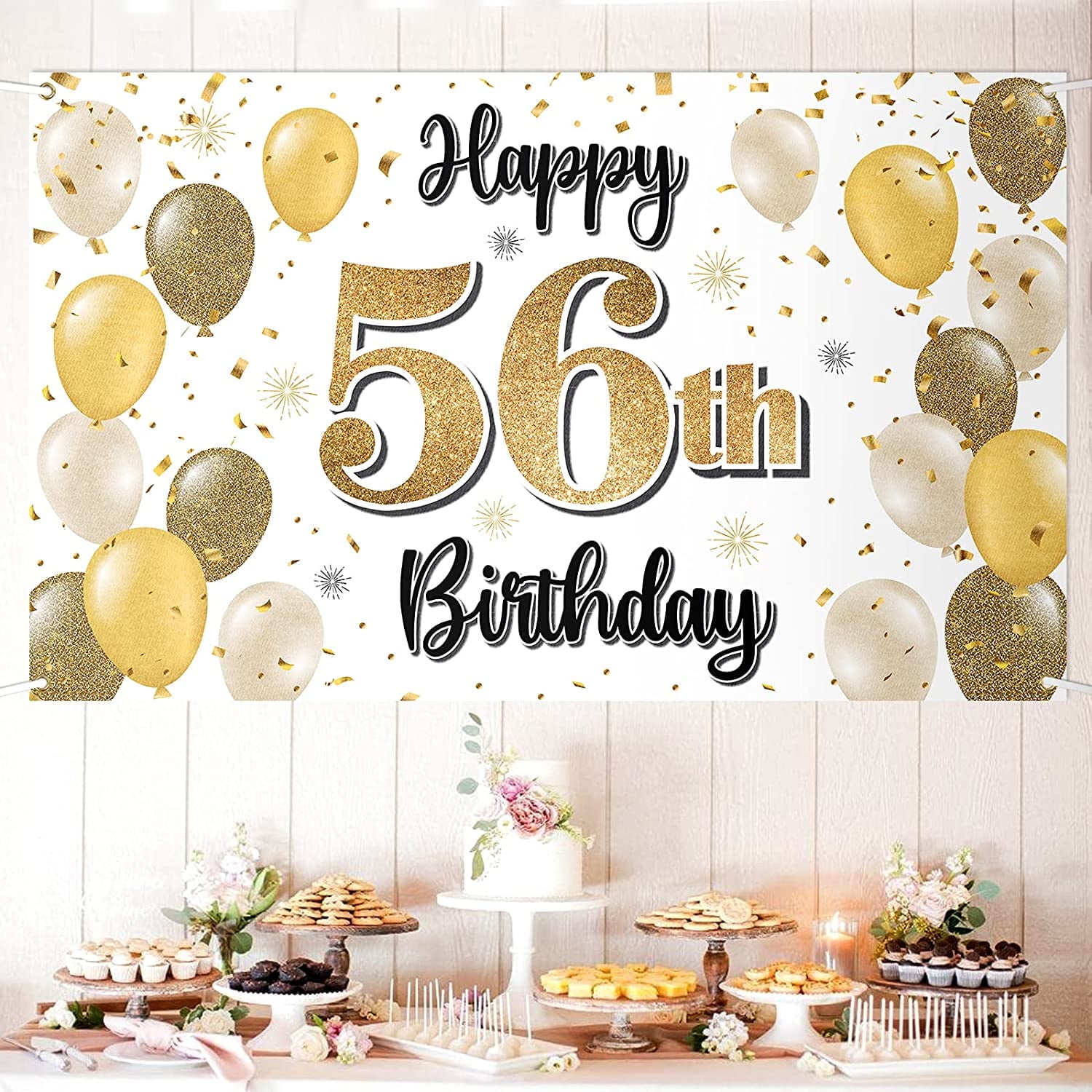 Happy 56th Birthday Decorations,56th Gold Balloon Large Birthday Banner ...