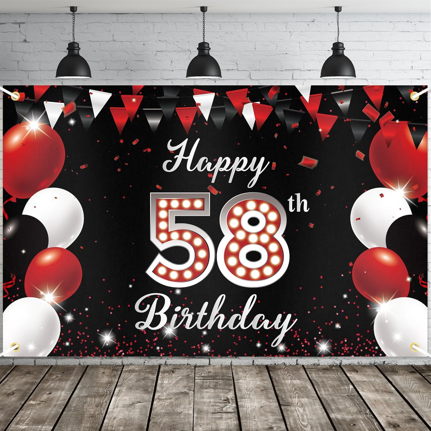Happy 58th Birthday Banner, Red Black Happy 58th Birthday Party ...