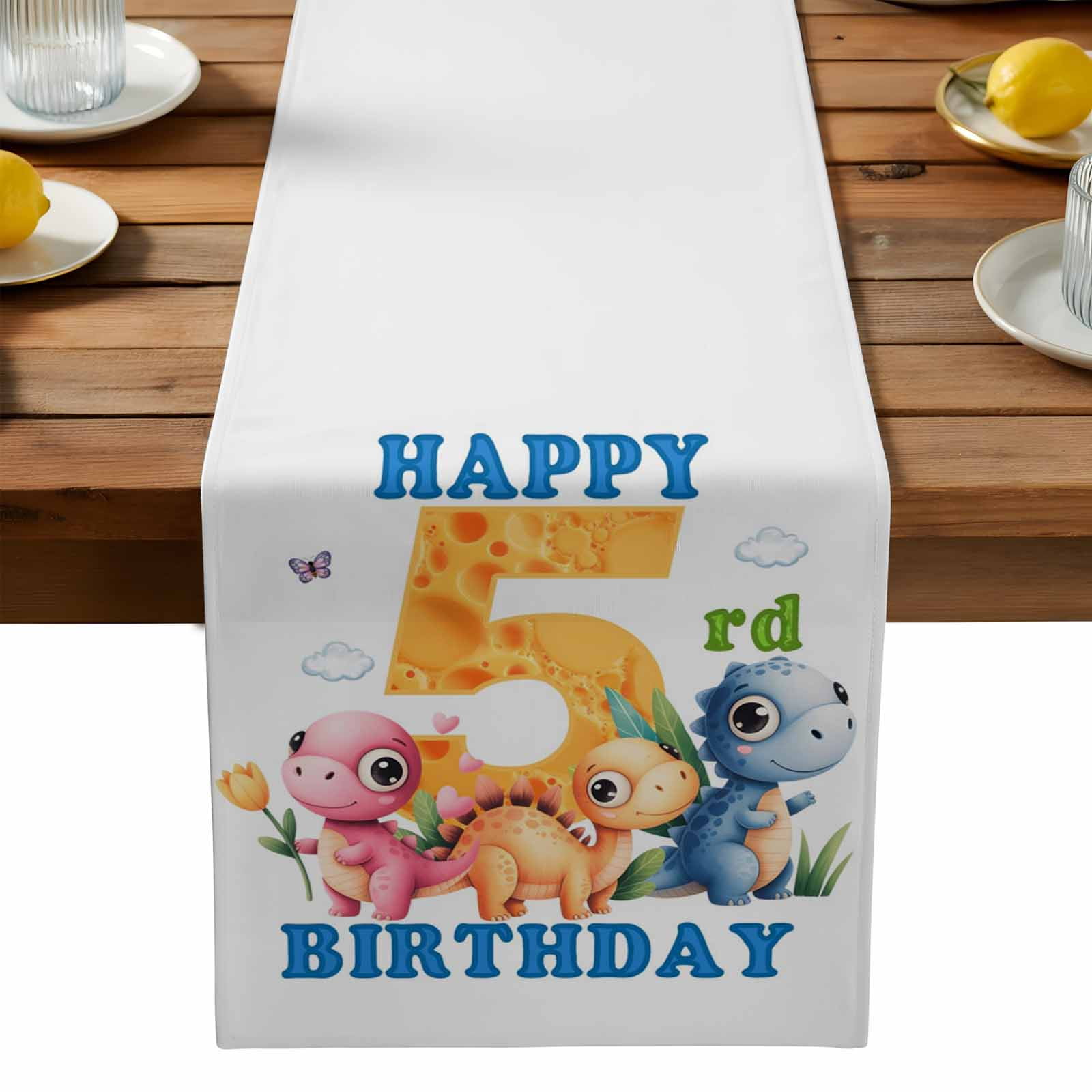 Happy 5rd Birthday Table Runner, Cartoon Pink Yellow Blue Dinosaurs ...