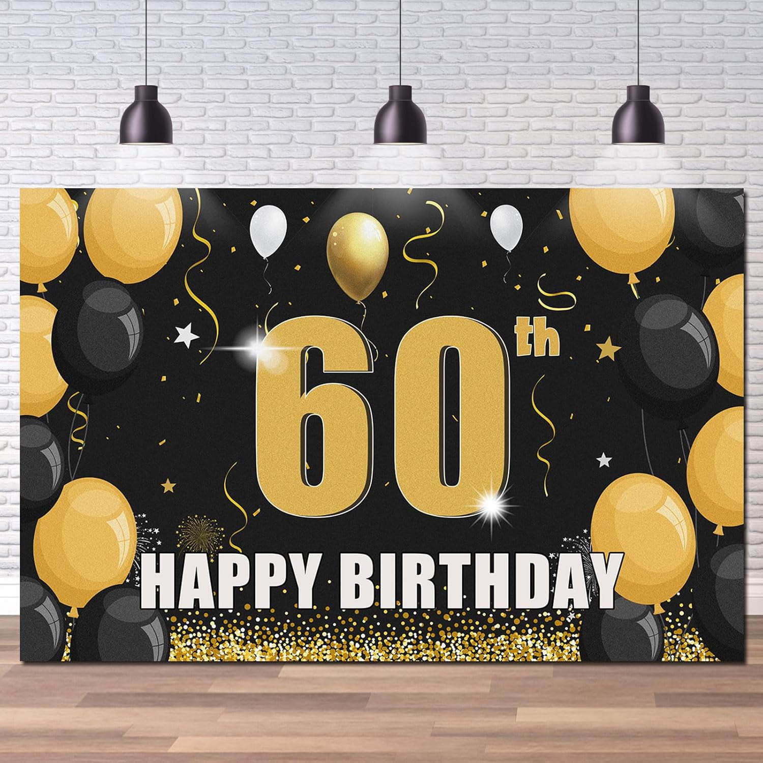 Happy 60th Birthday Backdrop Banner Black and Gold 60th Birthday Poster ...