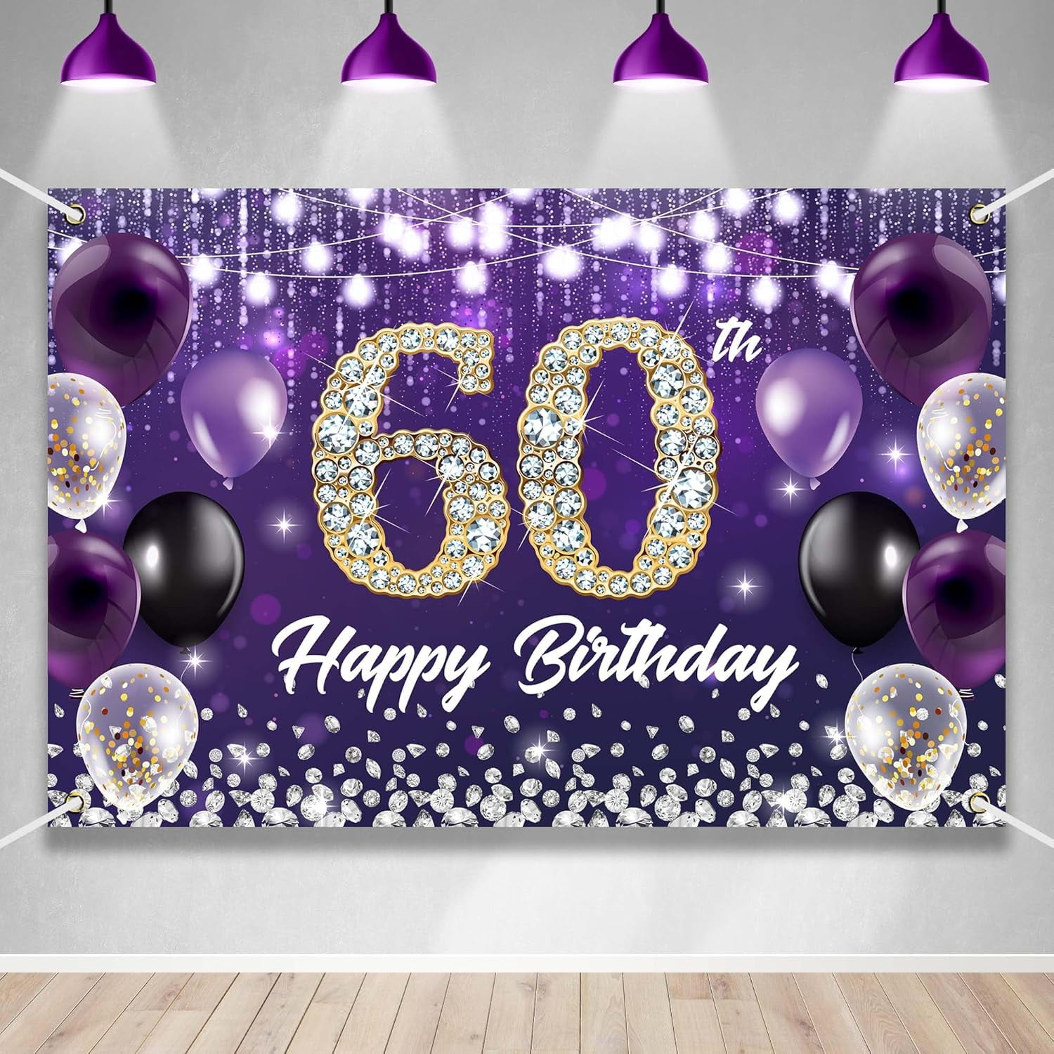 Happy 60th Birthday Backdrop Banner Purple Theme Background with Shiny ...