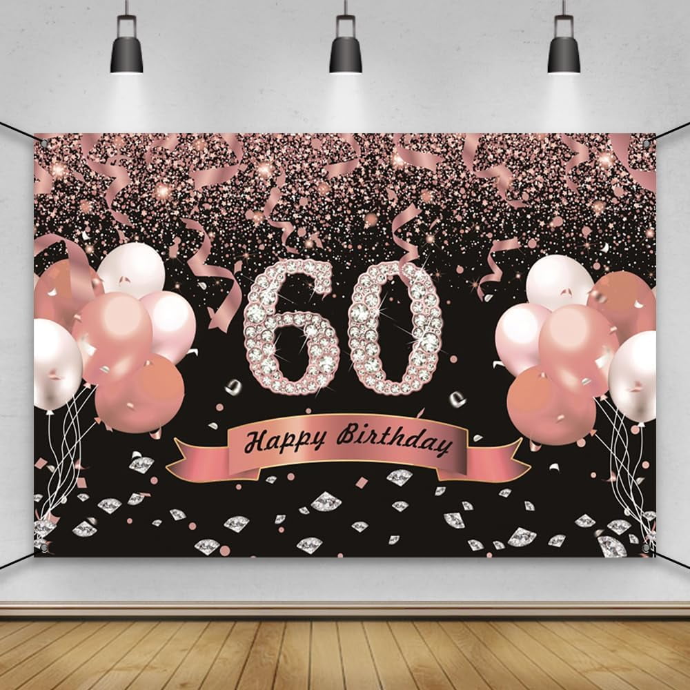 Happy 60th Birthday Backdrop Banner, Rose Gold 60th Birthday Backdrop ...
