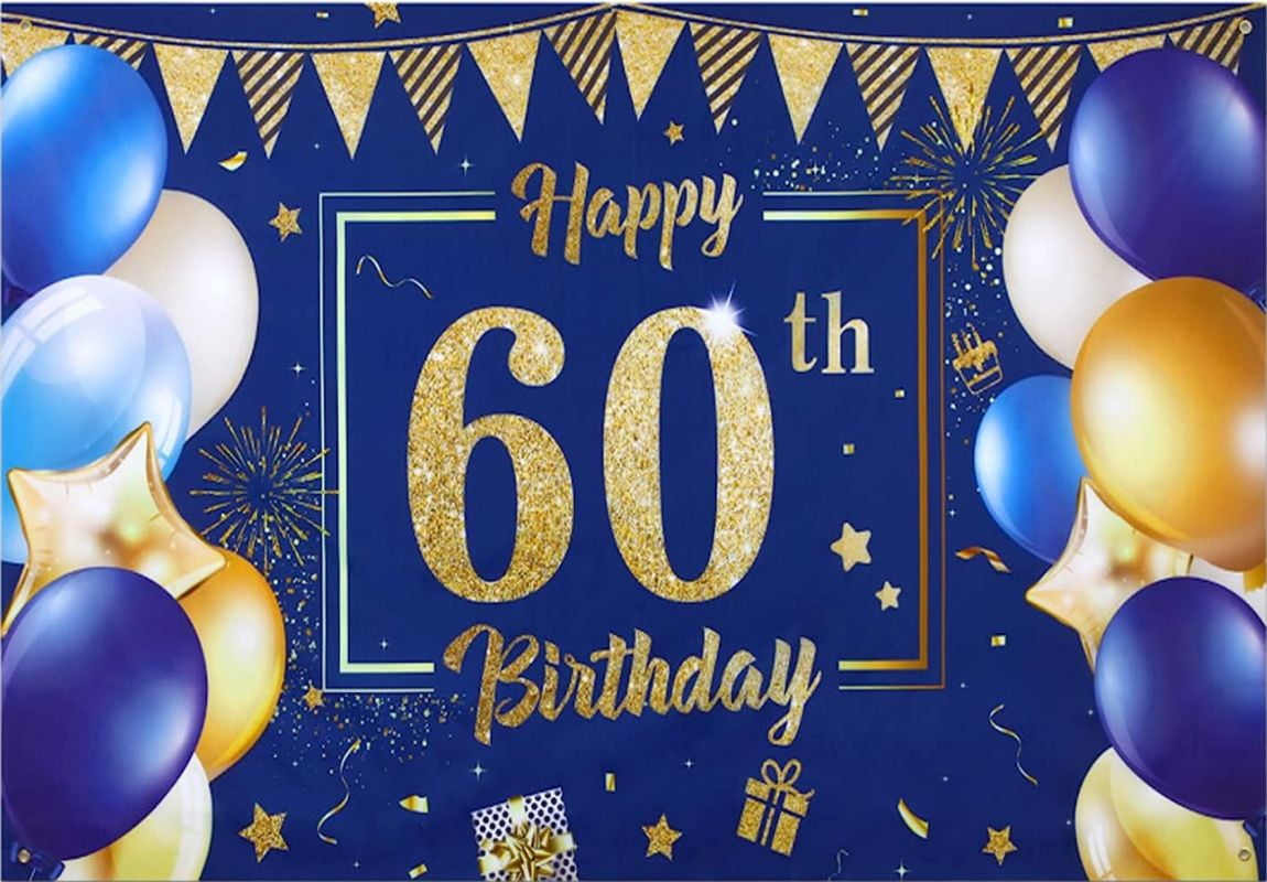 Happy 60th Birthday Backdrop Banner r Blue Dot Glitter Sparkle 60 Years ...