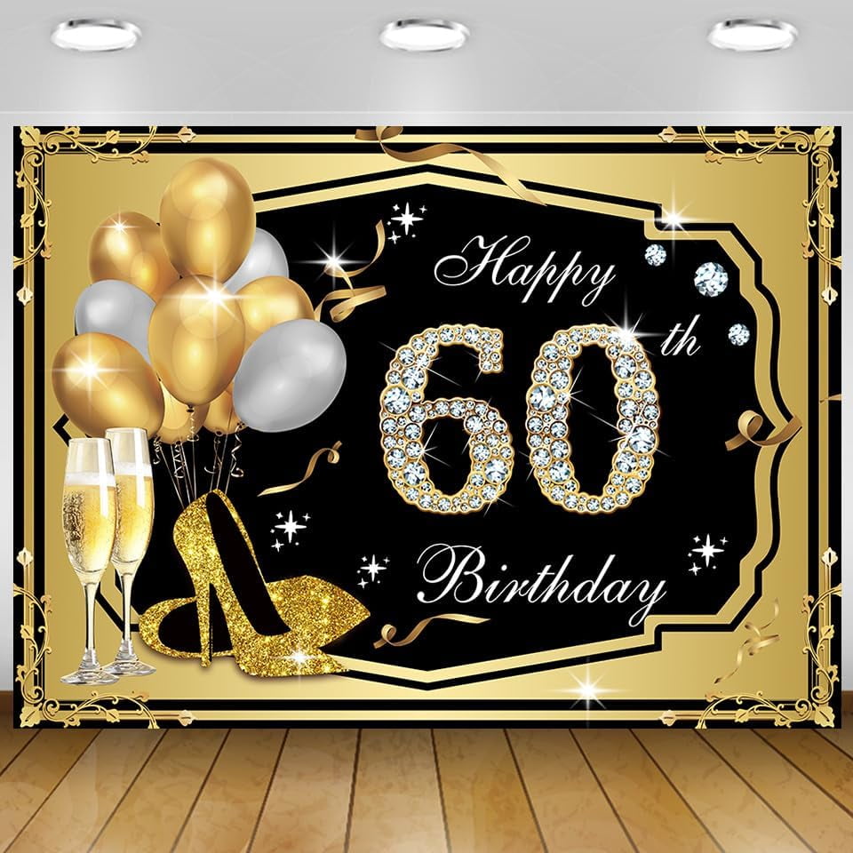 Happy 60th Birthday Backdrop Black Gold Sequins Diamonds Birthday Backdrop Gold High Heels ...