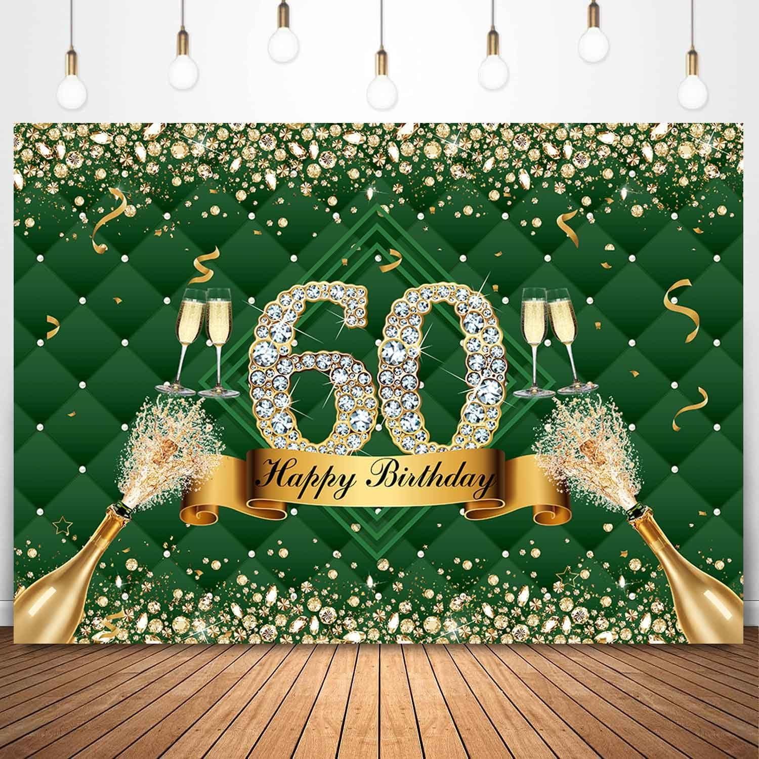 Happy 60th Birthday Backdrop Green Gold Sparkle Diamond Champagne ...