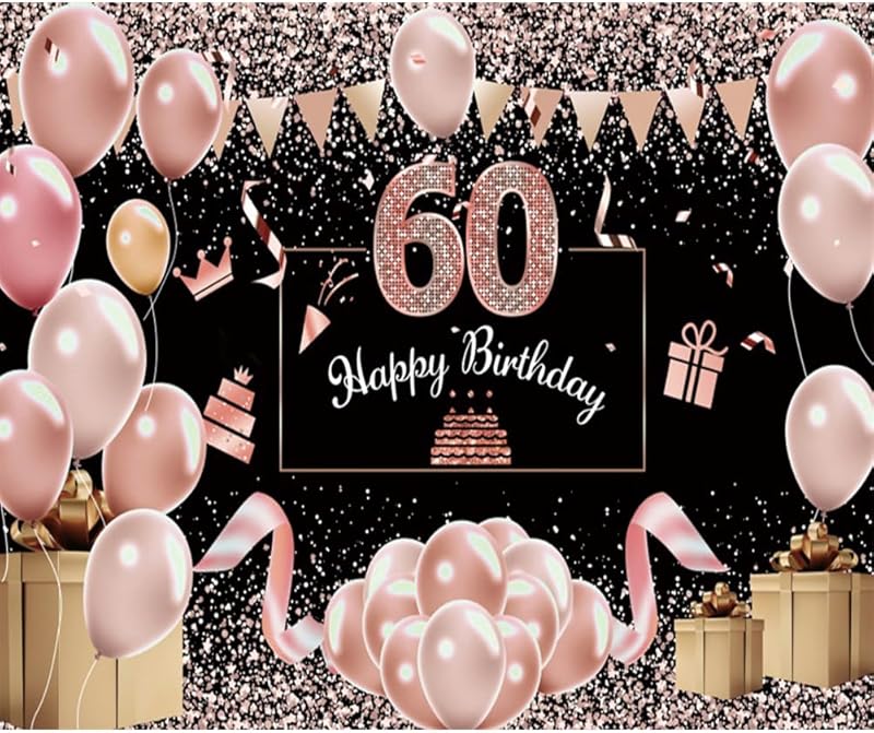 Happy 60th Birthday Backdrop Rose Pink Balloons and Glitter Golden ...