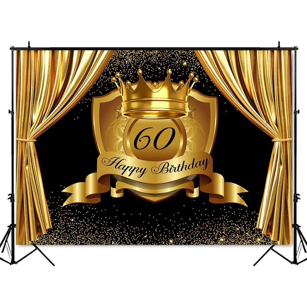 Happy 60th Birthday Background Royal Crown Gold Curtain Photo Backdrop ...
