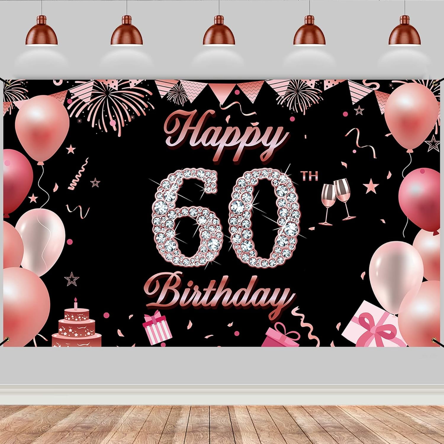 Happy 60th Birthday Banner Black and Rose Gold 60th Birthday Party Decorations for Women Cheers ...