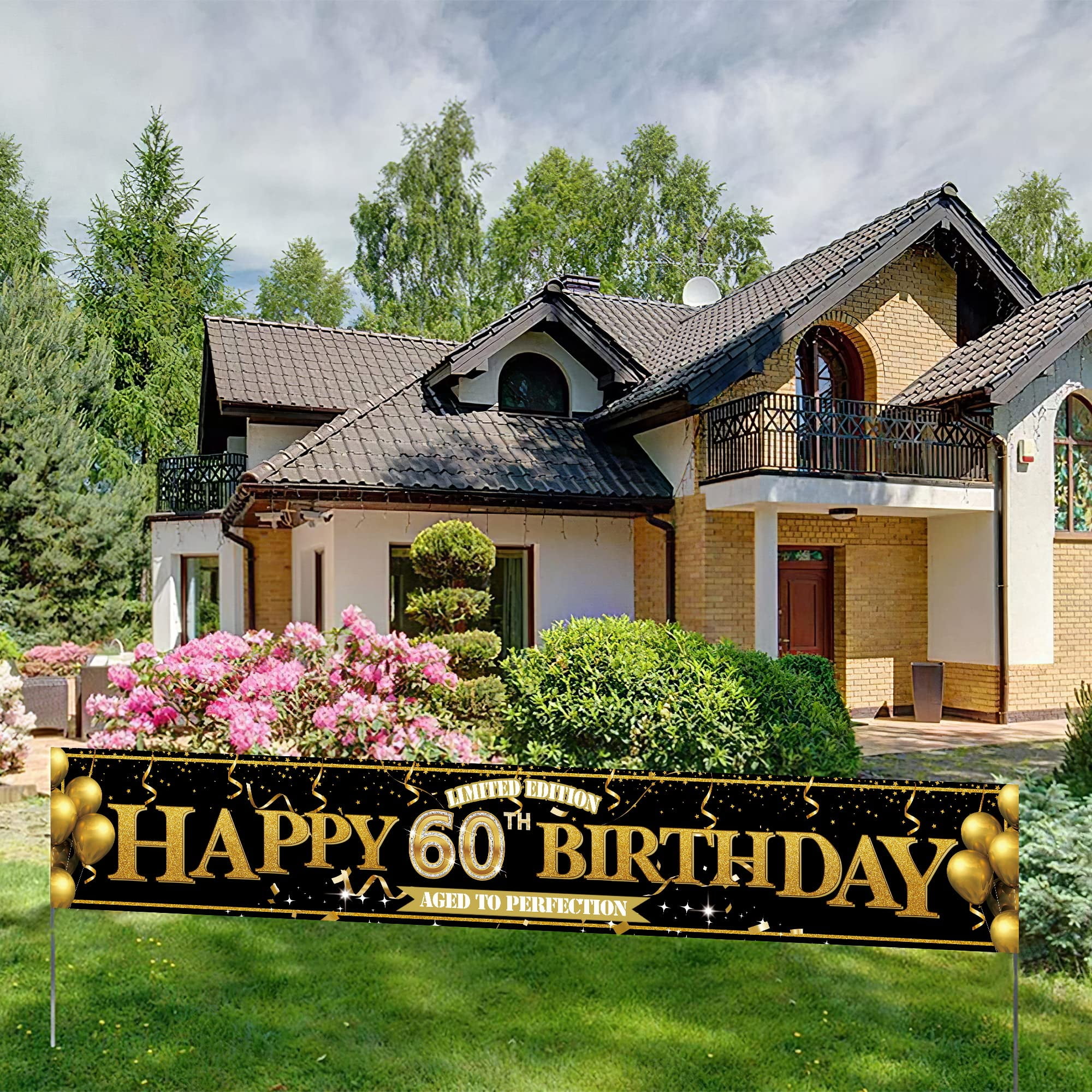 Happy 60th Birthday Banner Cheers To 60 Years Birthday Sign Gold ...
