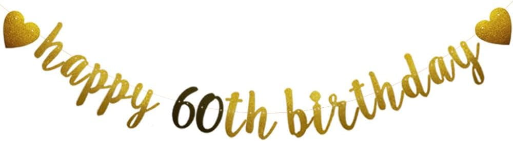Happy 60th Birthday Banner, Pre-Strung,Gold and Black Glitter Paper ...