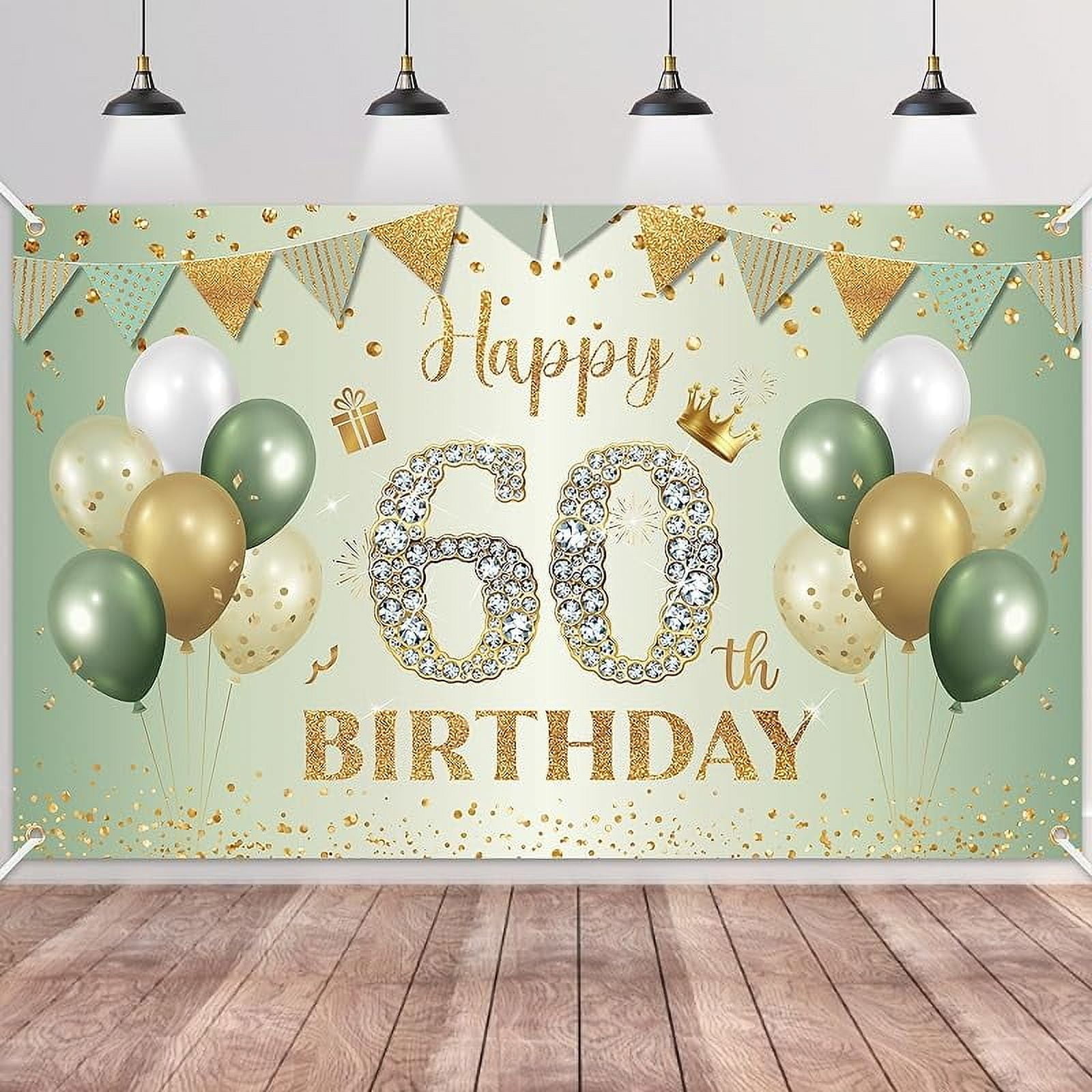 Happy 60th Birthday Banner Sage Green Gold, 60th Birthday Backdrop for ...
