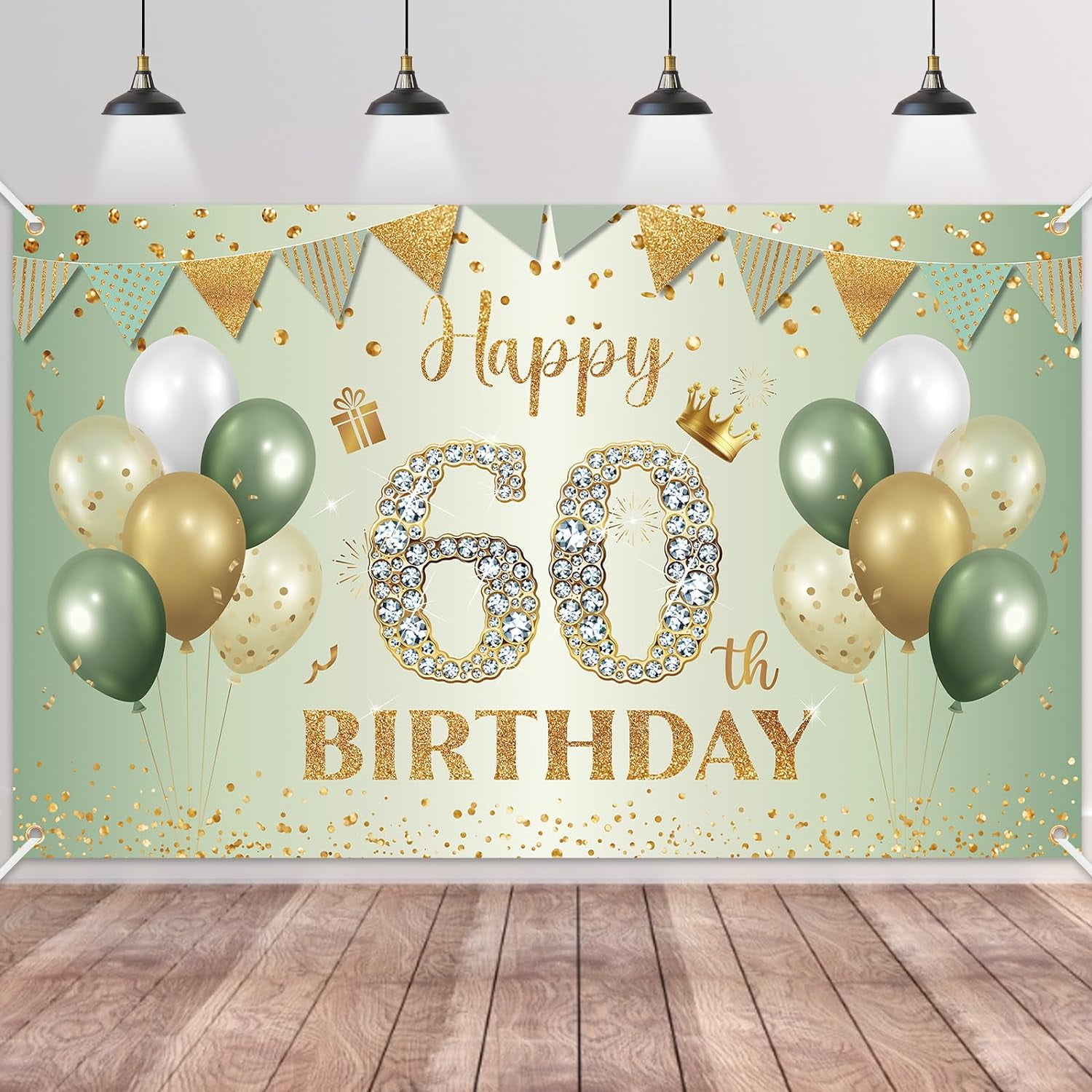 Happy 60th Birthday Banner Sage Green Gold, 60th Birthday Backdrop for ...