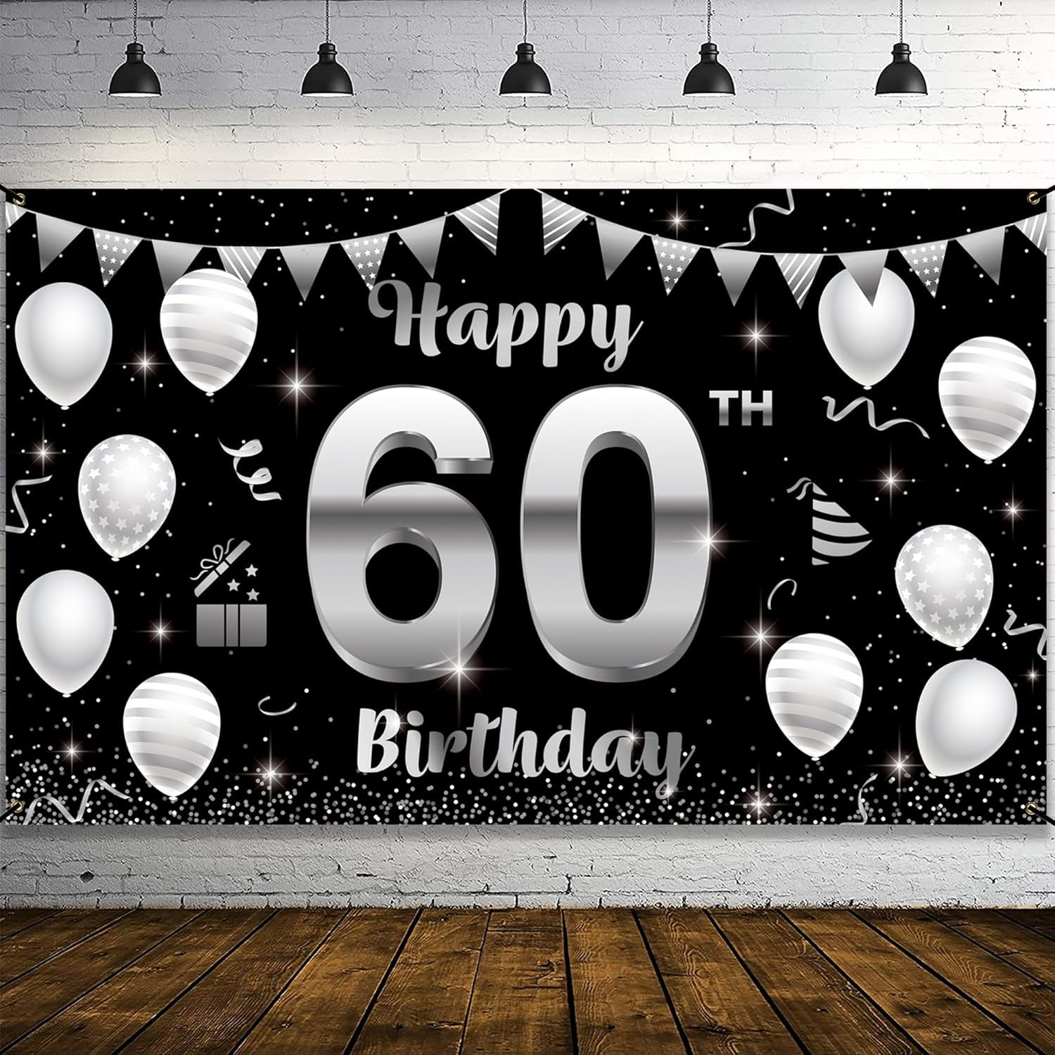Happy 60th Birthday Banner Silver and Black 60th Birthday Party ...