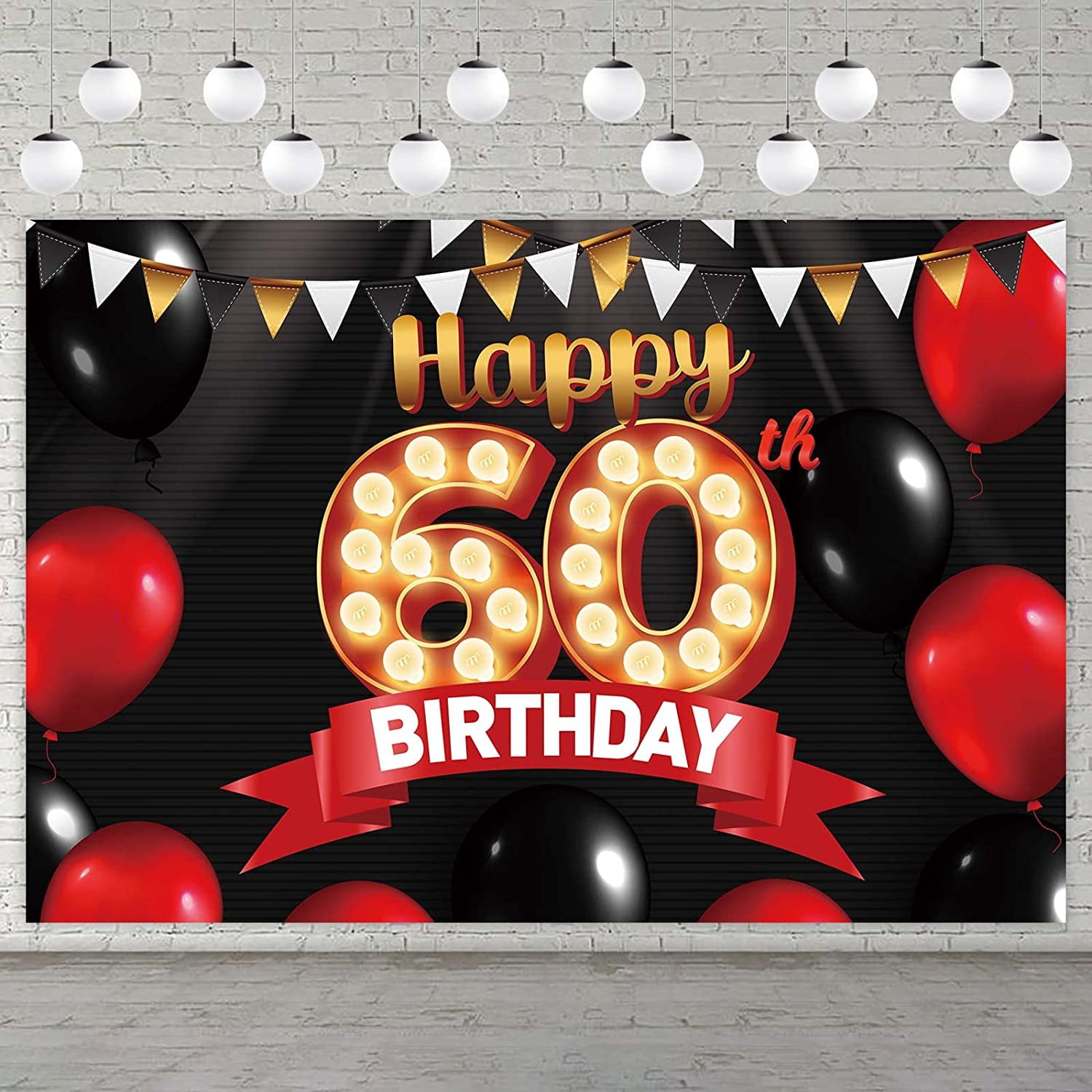 Happy 60th Birthday Black Banner Decorations Gold Backdrop Red and ...