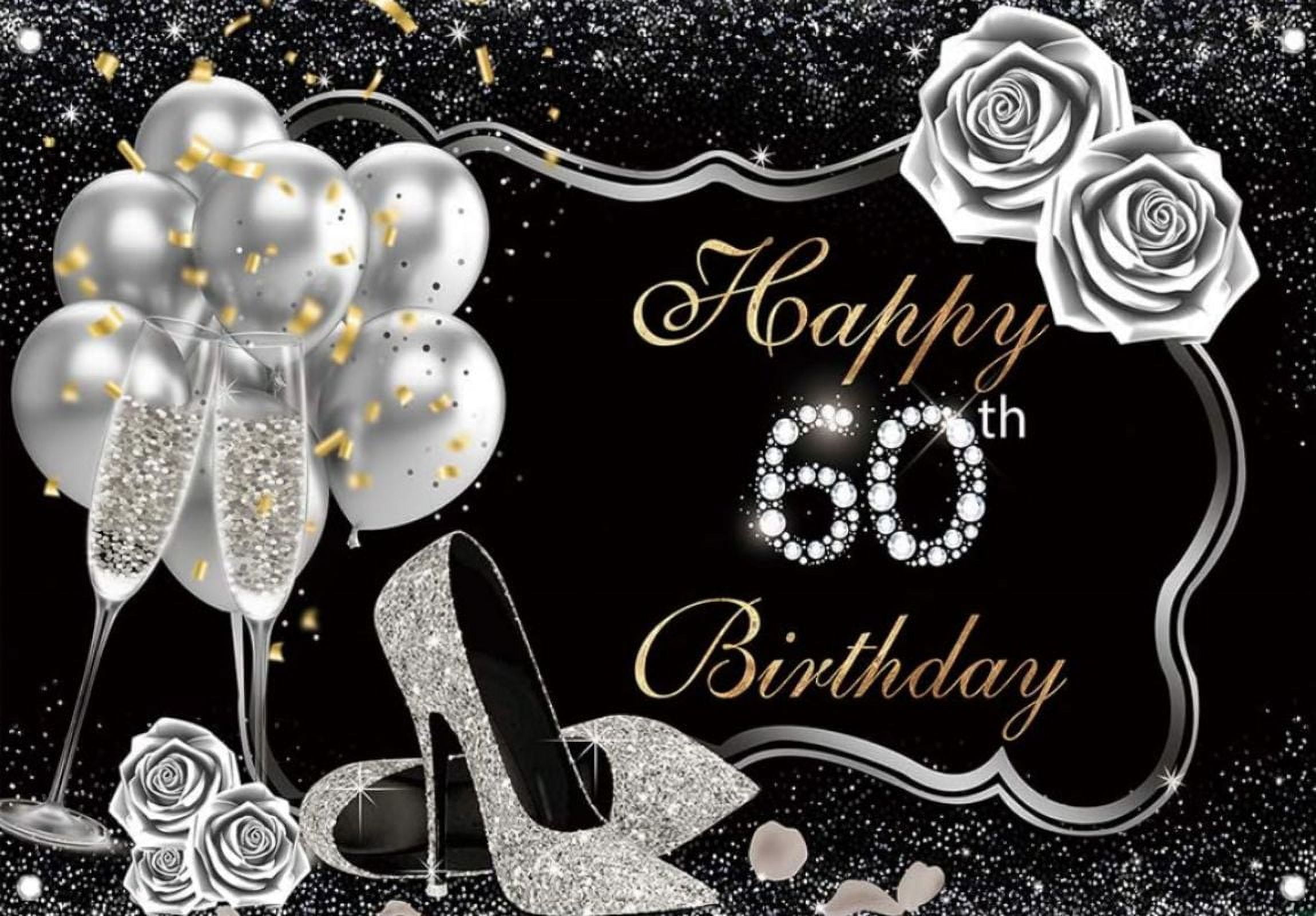 Happy 60th Birthday Party Backdrop Black White Striped Pearls Red Roses ...