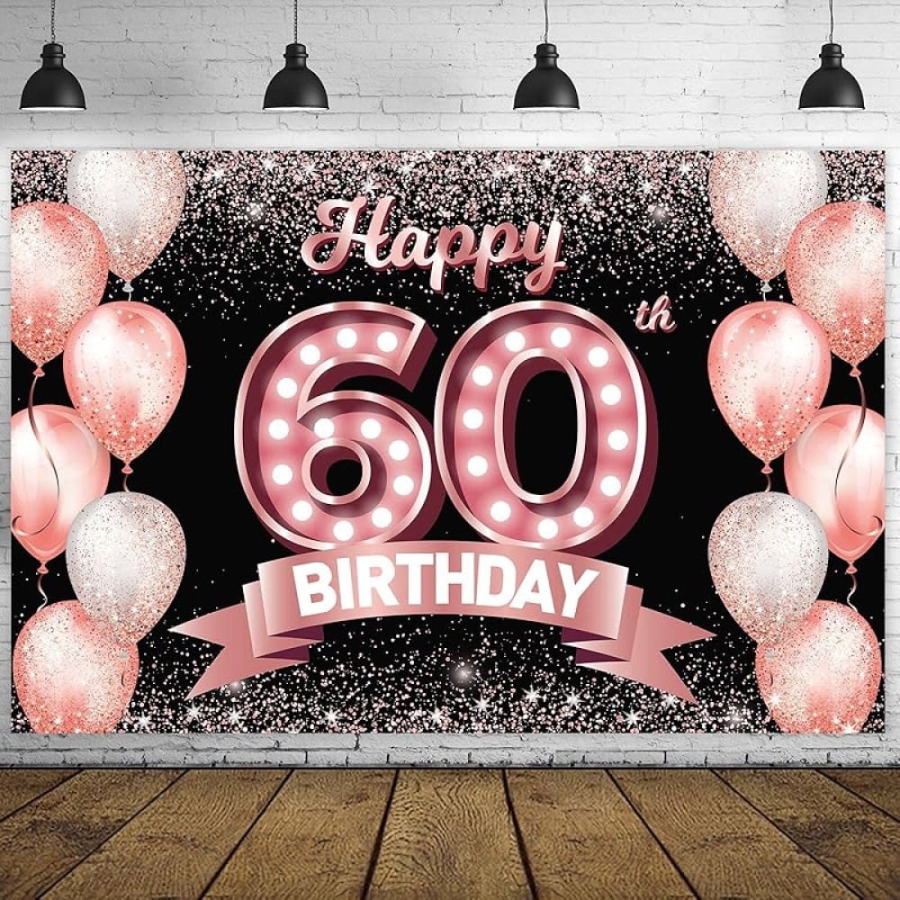 Happy 60th Birthday Rose Gold Banner Backdrop Cheers to 60 Years Old Confetti Balloons Theme ...