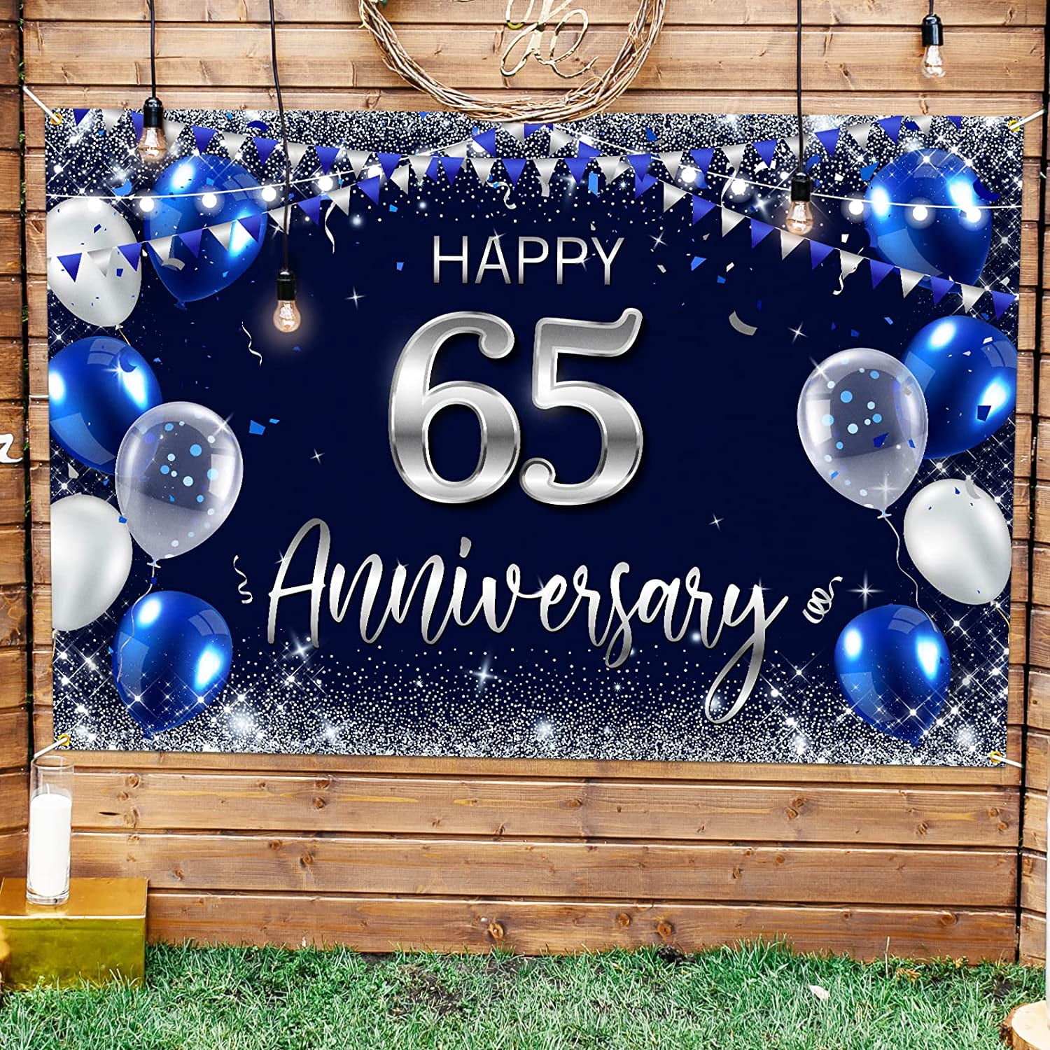 Happy 65th Anniversary Backdrop Banner Decor Blue Silver Happy 65 Years ...