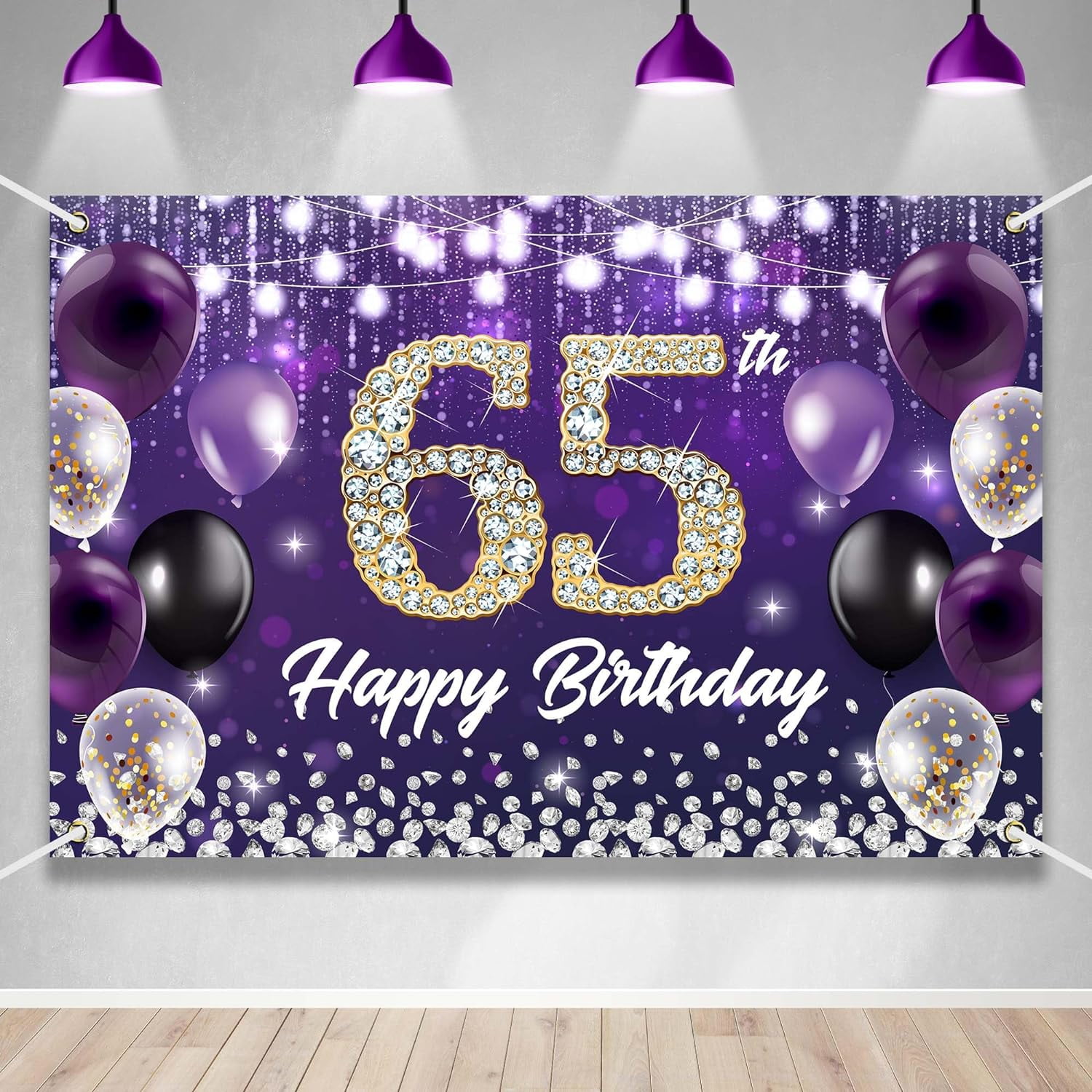 Happy 65th Birthday Backdrop Banner Purple Theme Background with Shiny ...