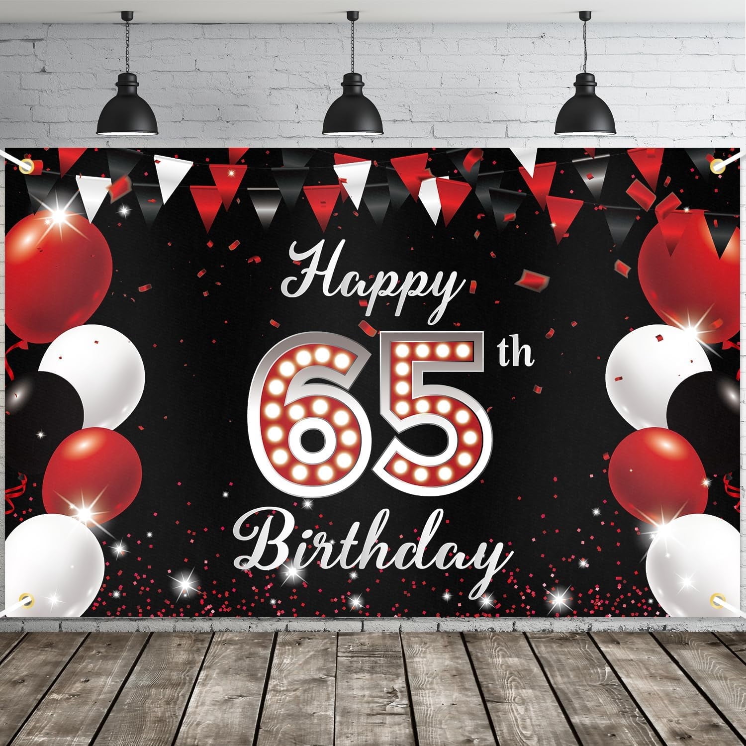 Happy 65th Birthday Banner, Red Black Happy 65th Birthday Party ...