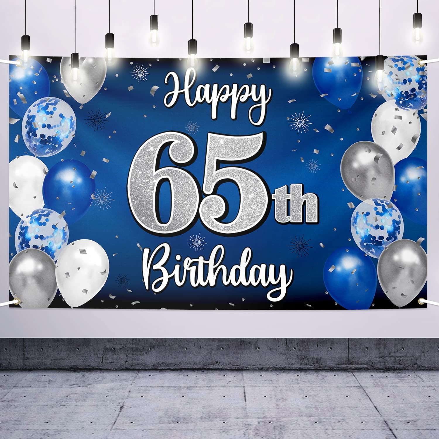 Happy 65th Birthday Decoration Banner,65th Blue & Silver Balloon Large ...