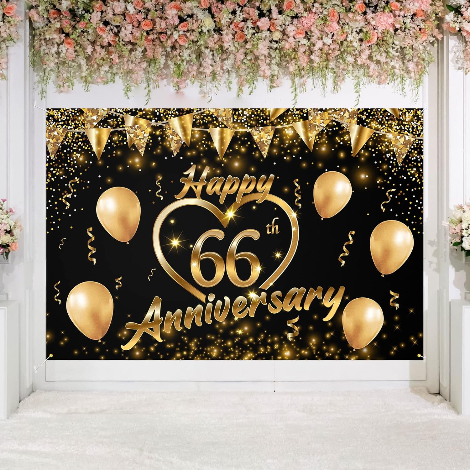 Happy 66th Anniversary Backdrop Banner Decor Black Gold Love Heart ...