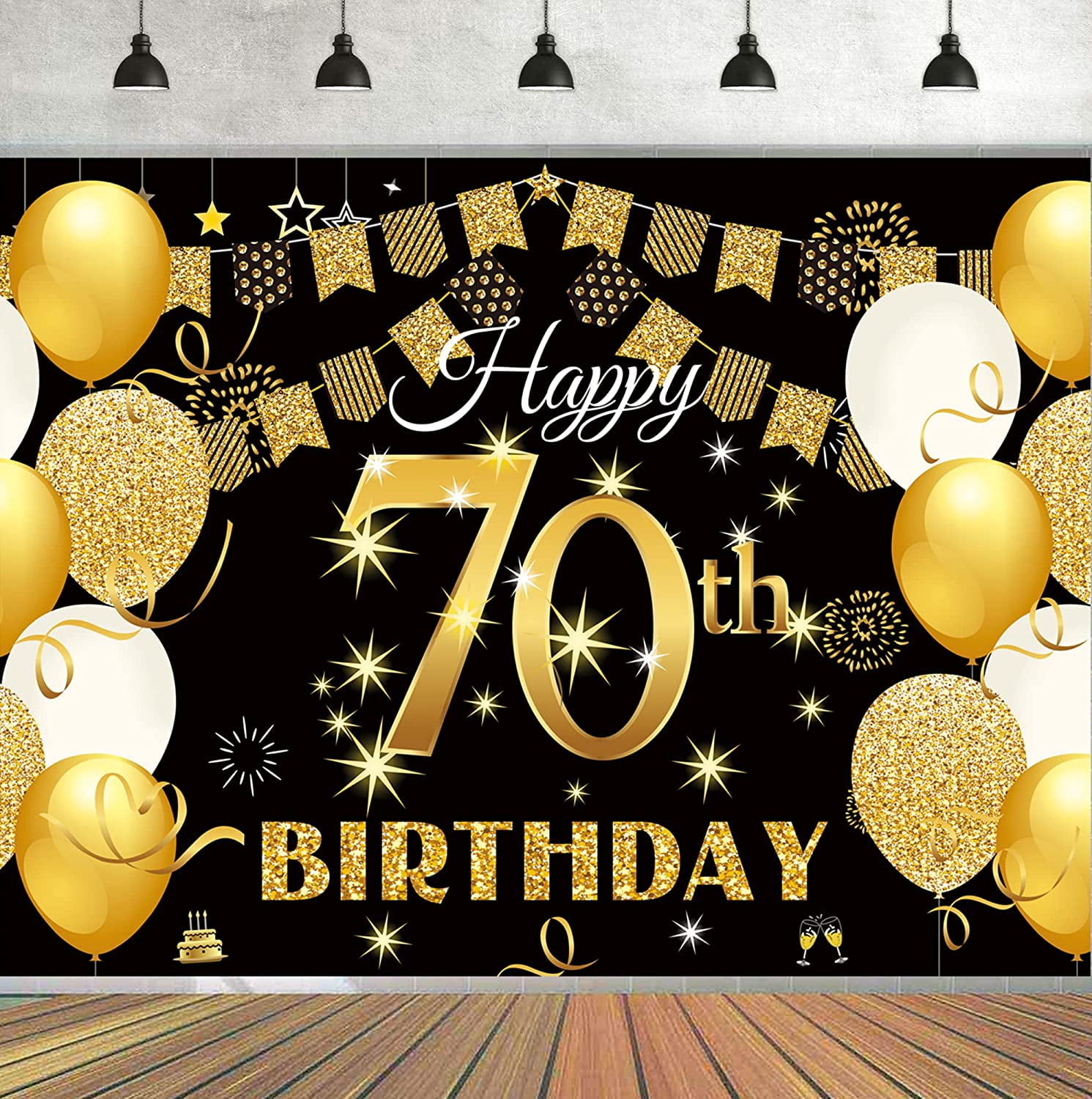 Happy 70th Birthday Backdrop,70th Birthday Party Decoration, Black Gold ...