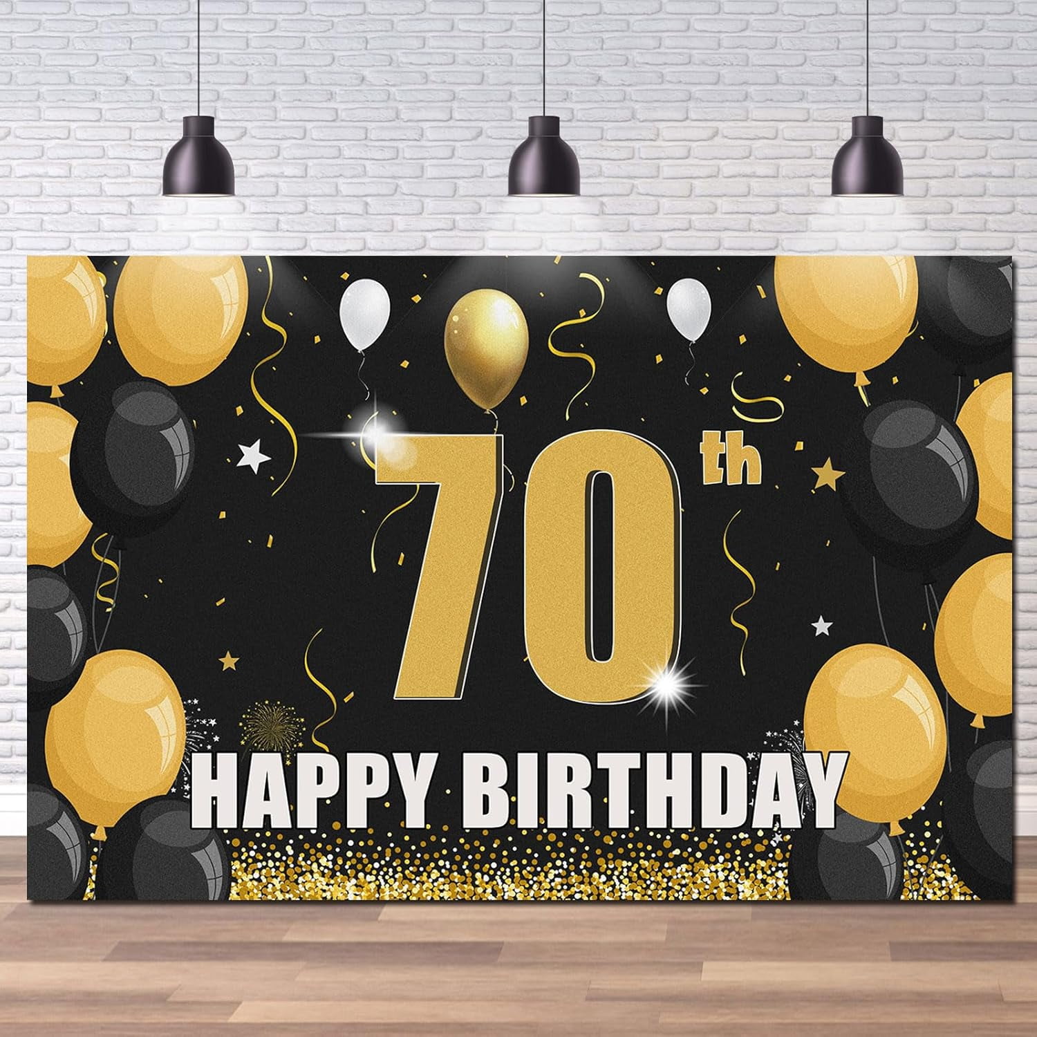 Happy 70th Birthday Backdrop Banner Black and Gold 70th Birthday Poster ...